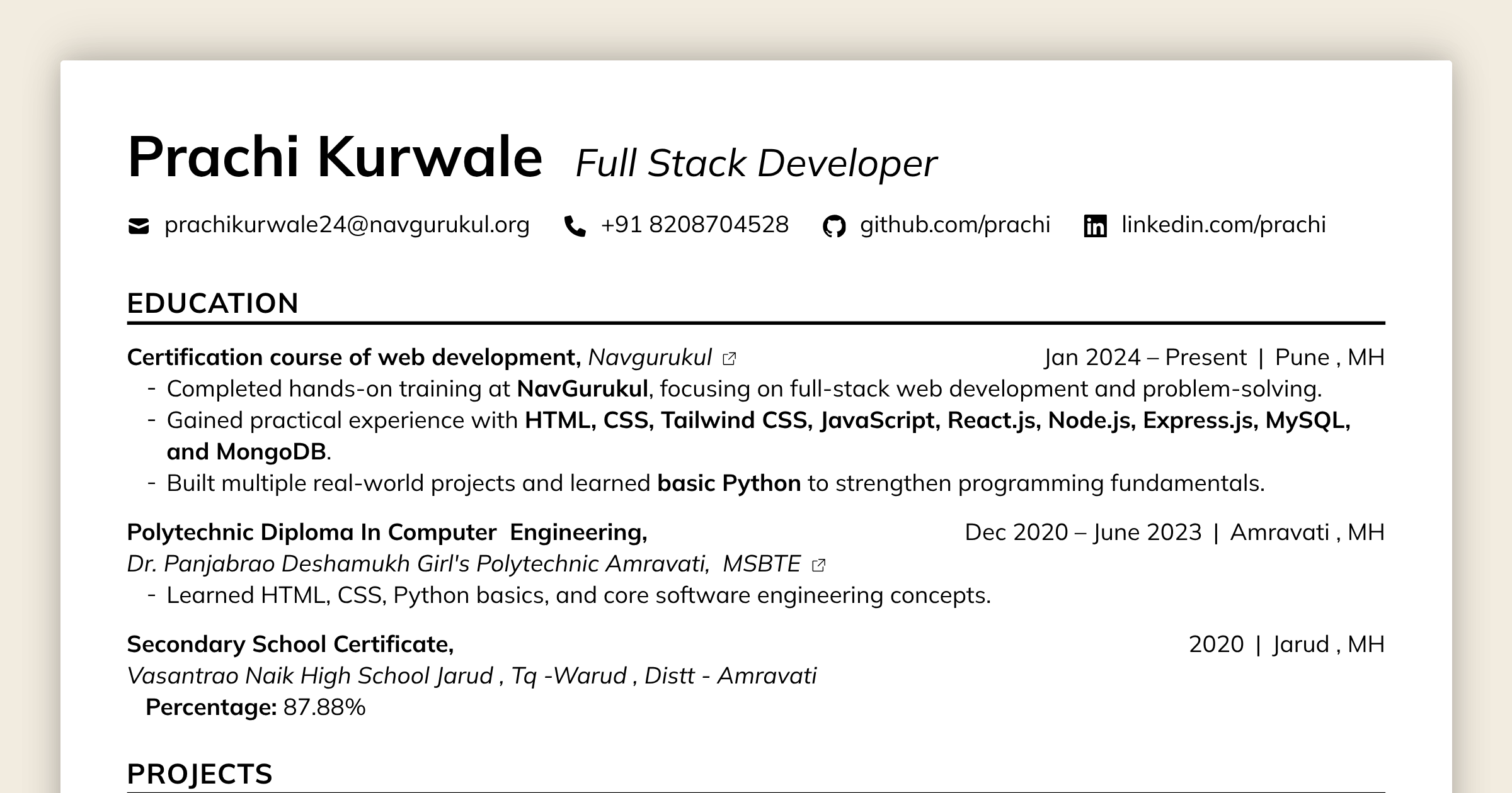 Prachi Kurwale – Online Resume