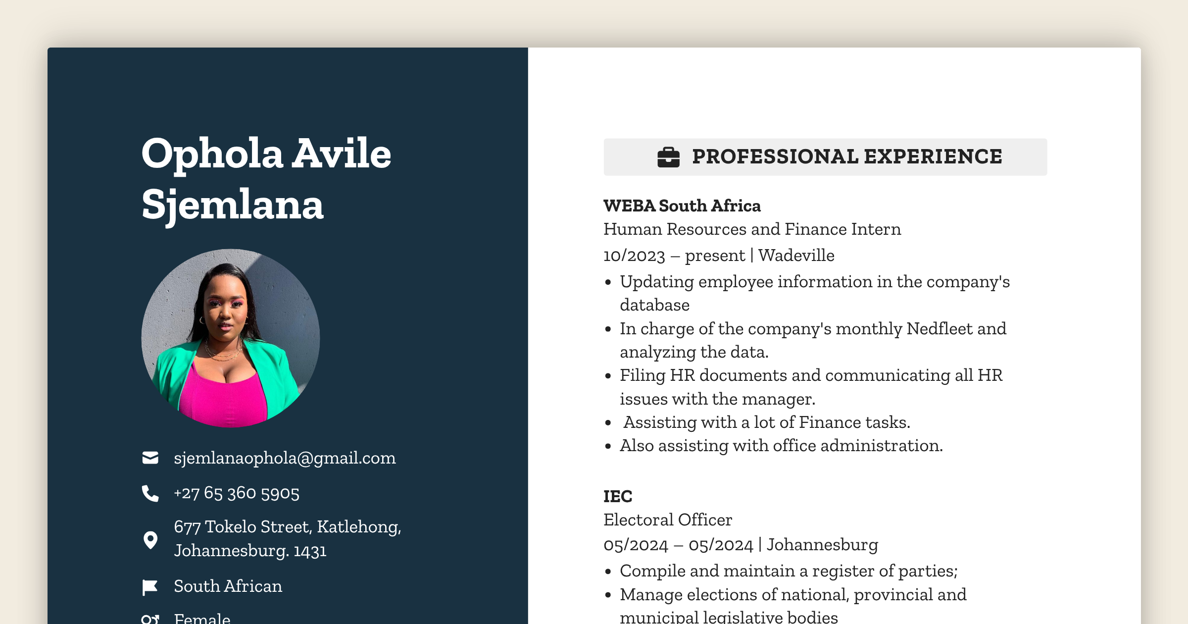 Ophola Avile Sjemlana – Online Resume