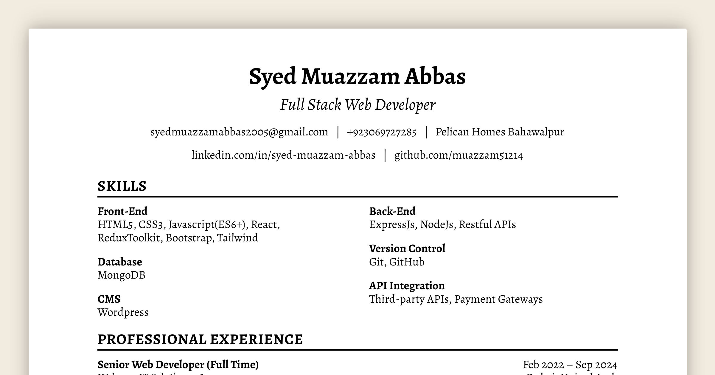 Syed Muazzam Abbas – Online Resume