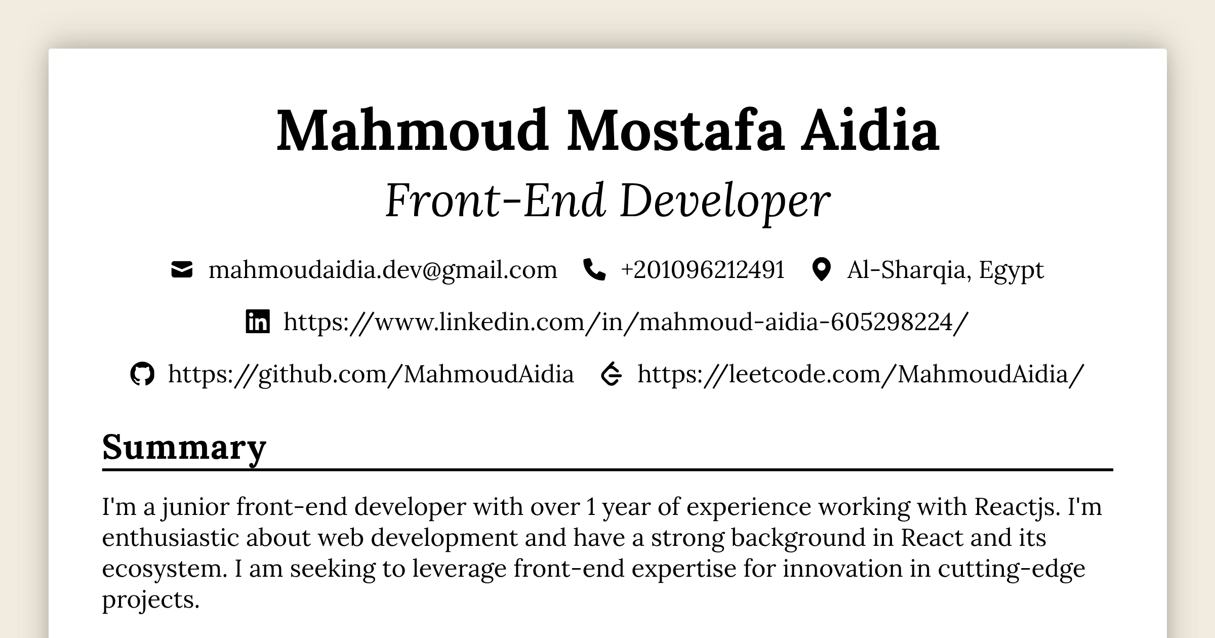 Mahmoud Mostafa Aidia – Online Resume
