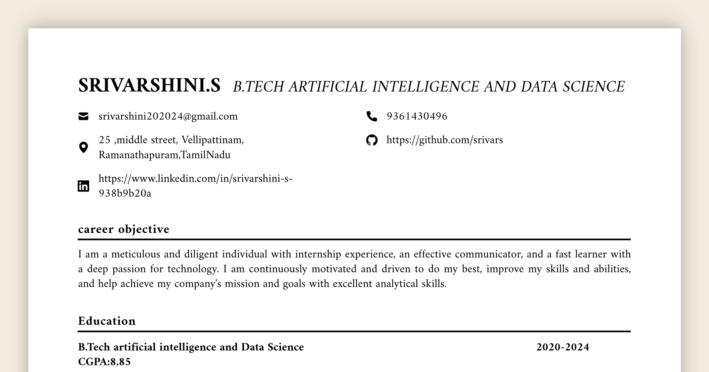 SRIVARSHINI.S – Online Resume