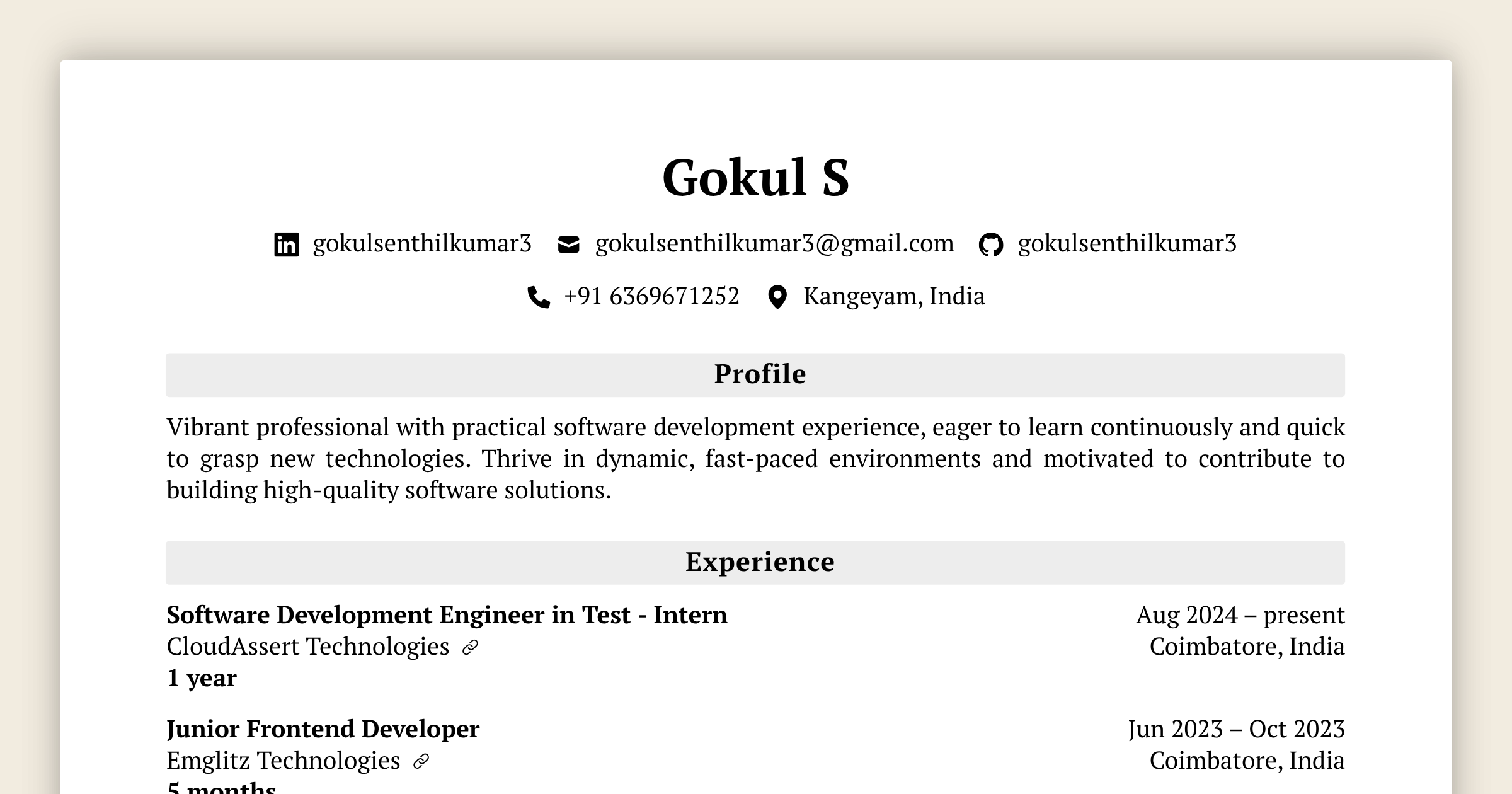 Gokul S – Online Resume