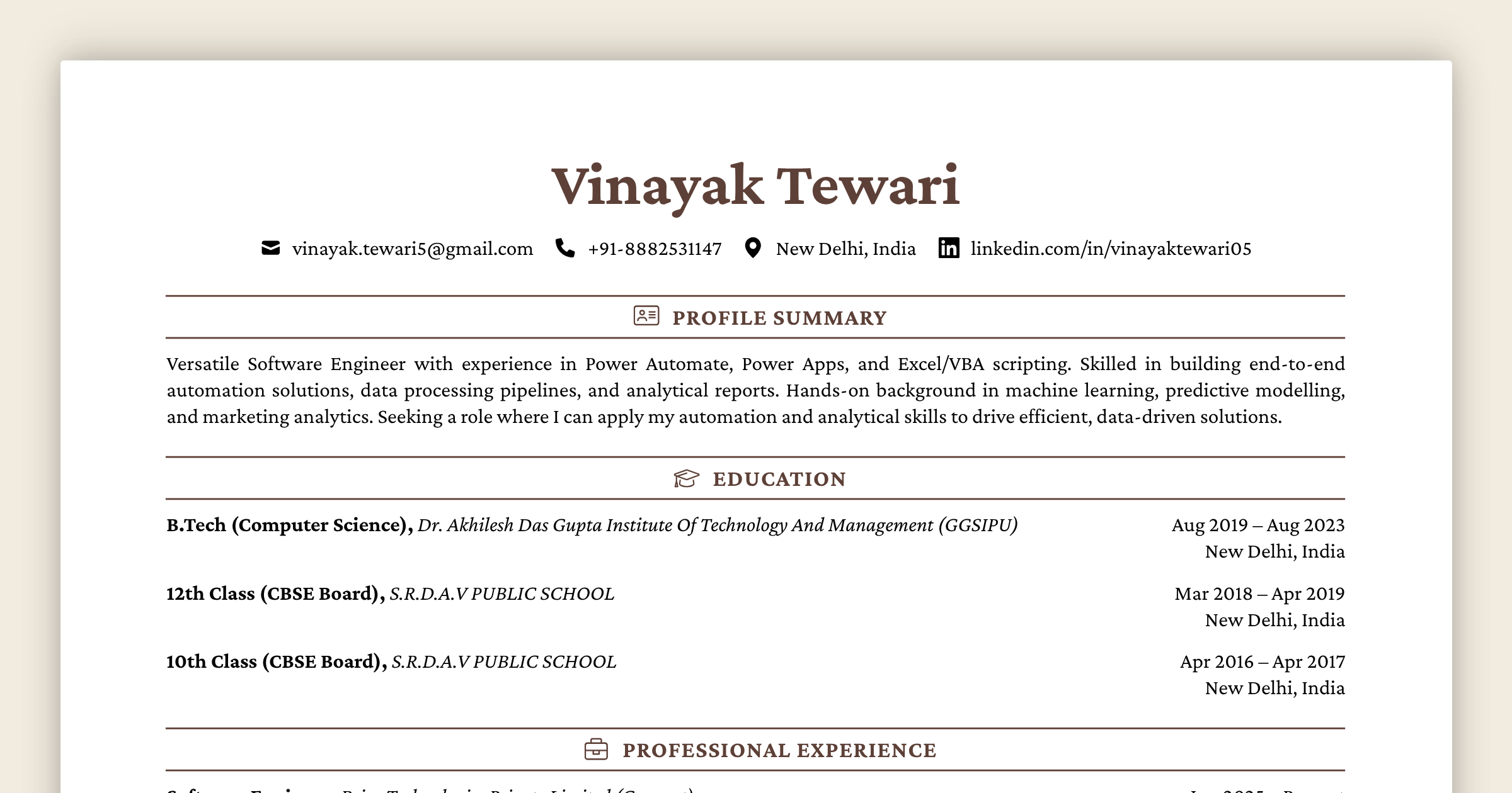 Vinayak Tewari – Online Resume