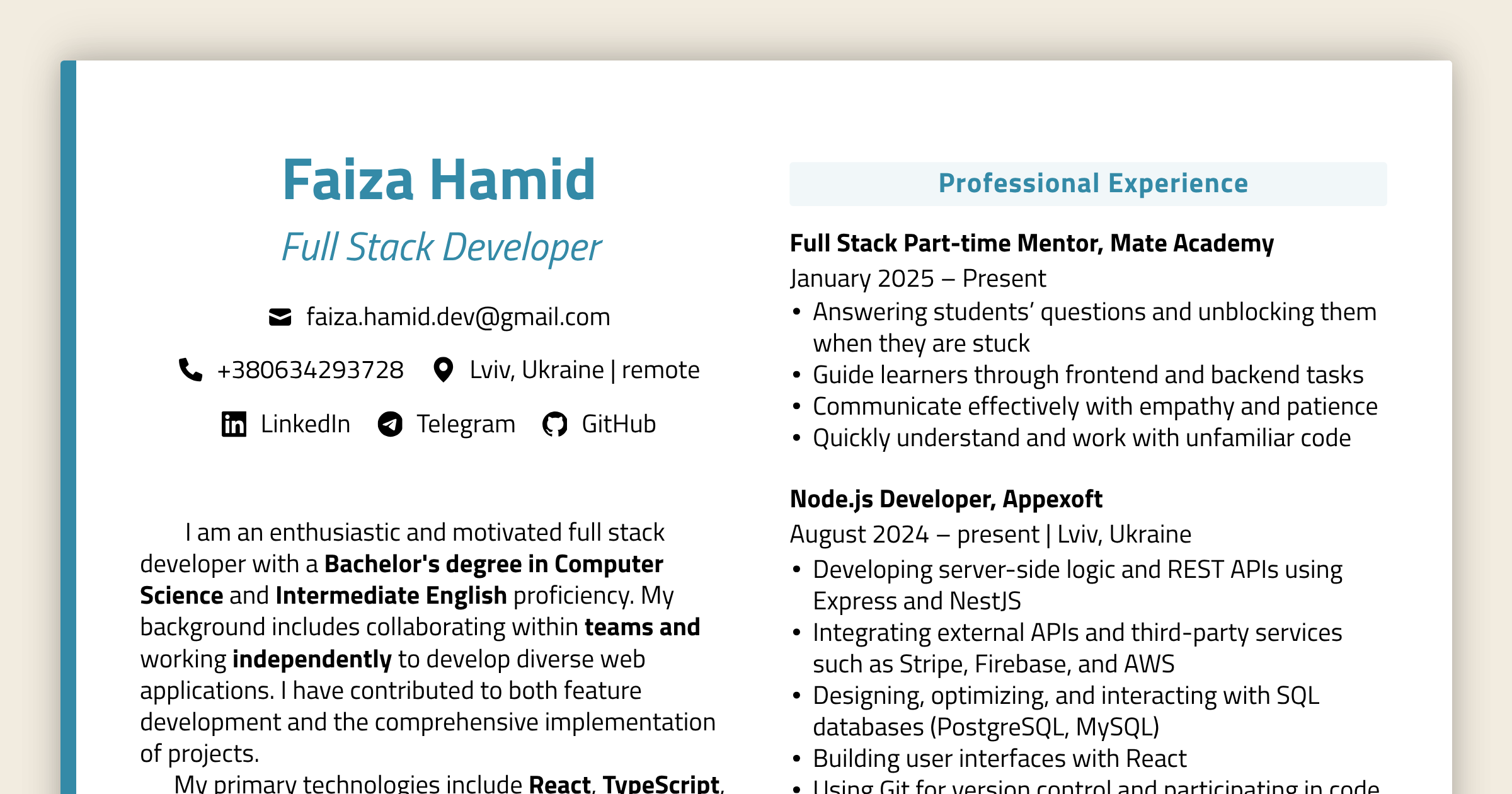 Faiza Hamid – Online Resume
