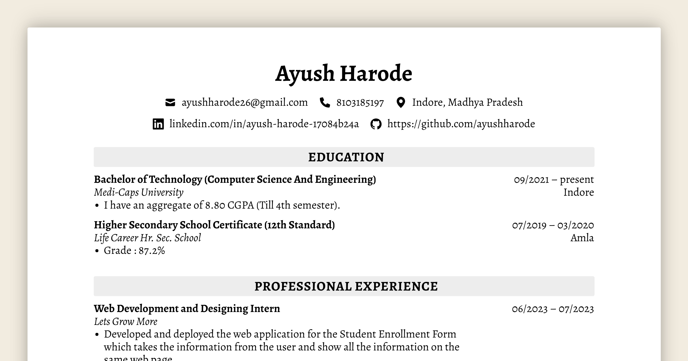 Ayush Harode – Online Resume