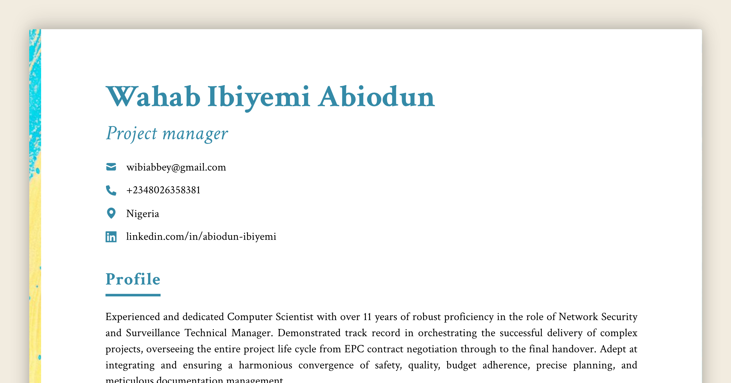 Wahab Ibiyemi Abiodun – Online Resume
