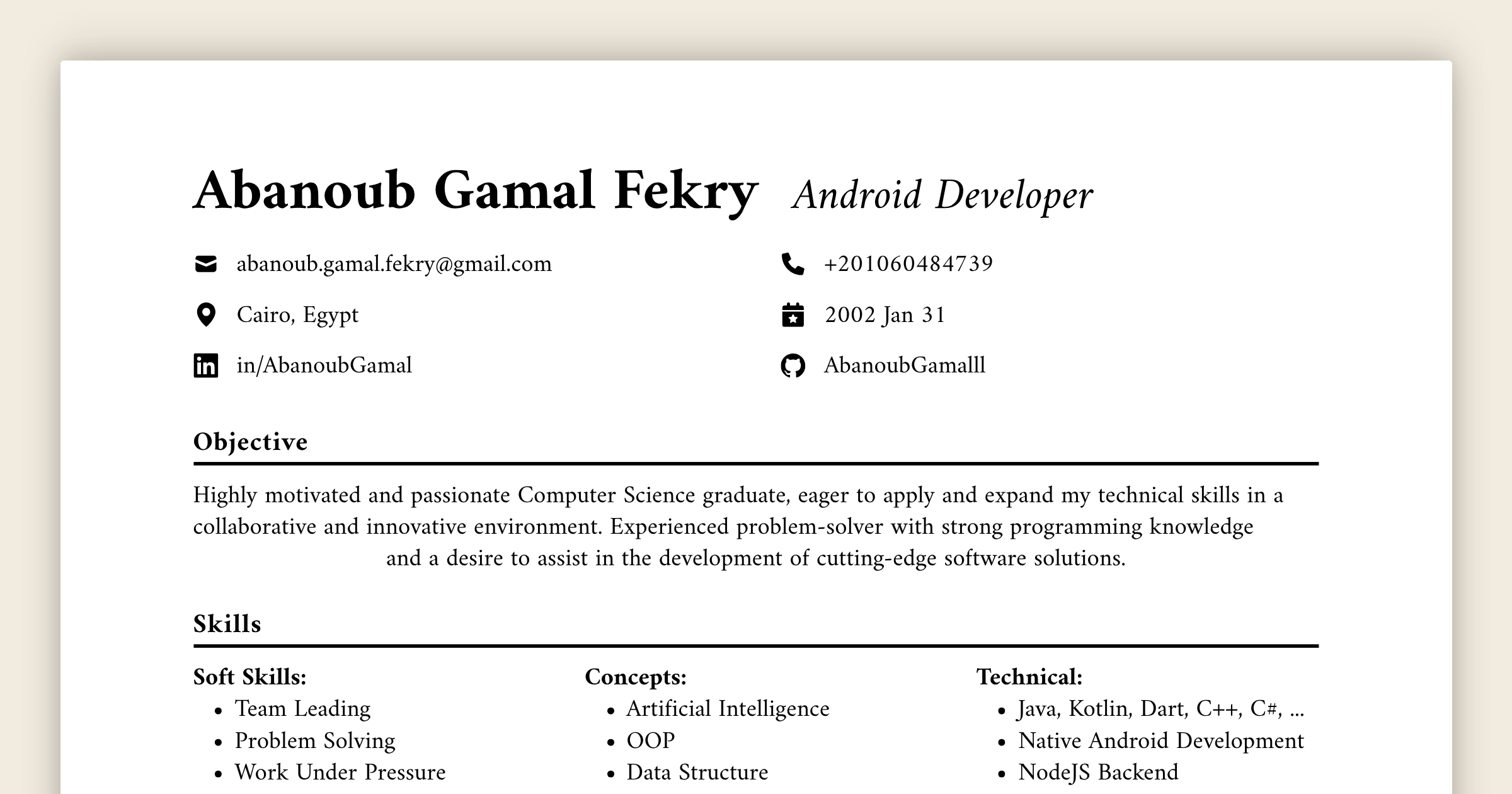 Abanoub Gamal Fekry – Online Resume