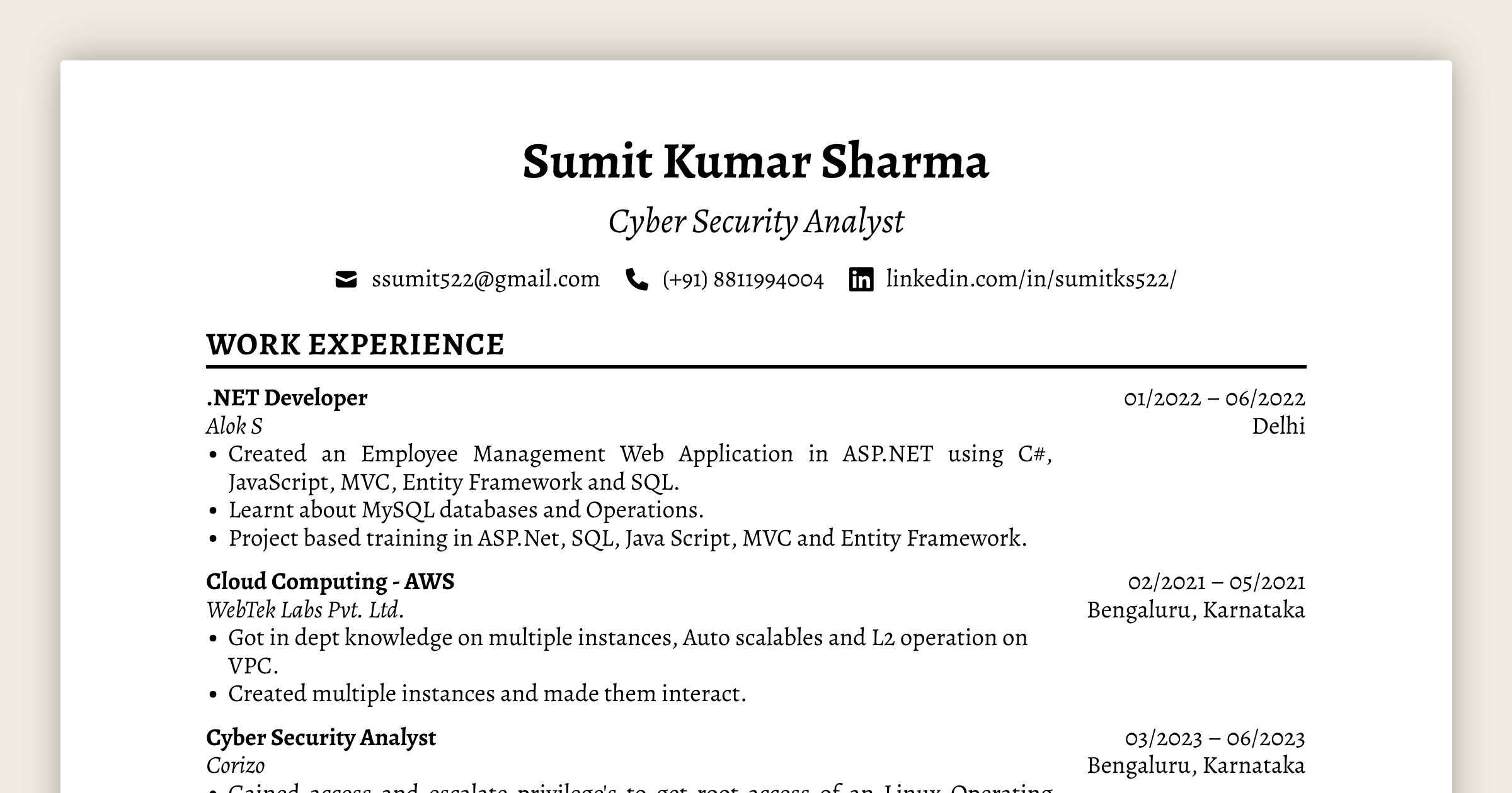 Sumit Kumar Sharma – Online Resume