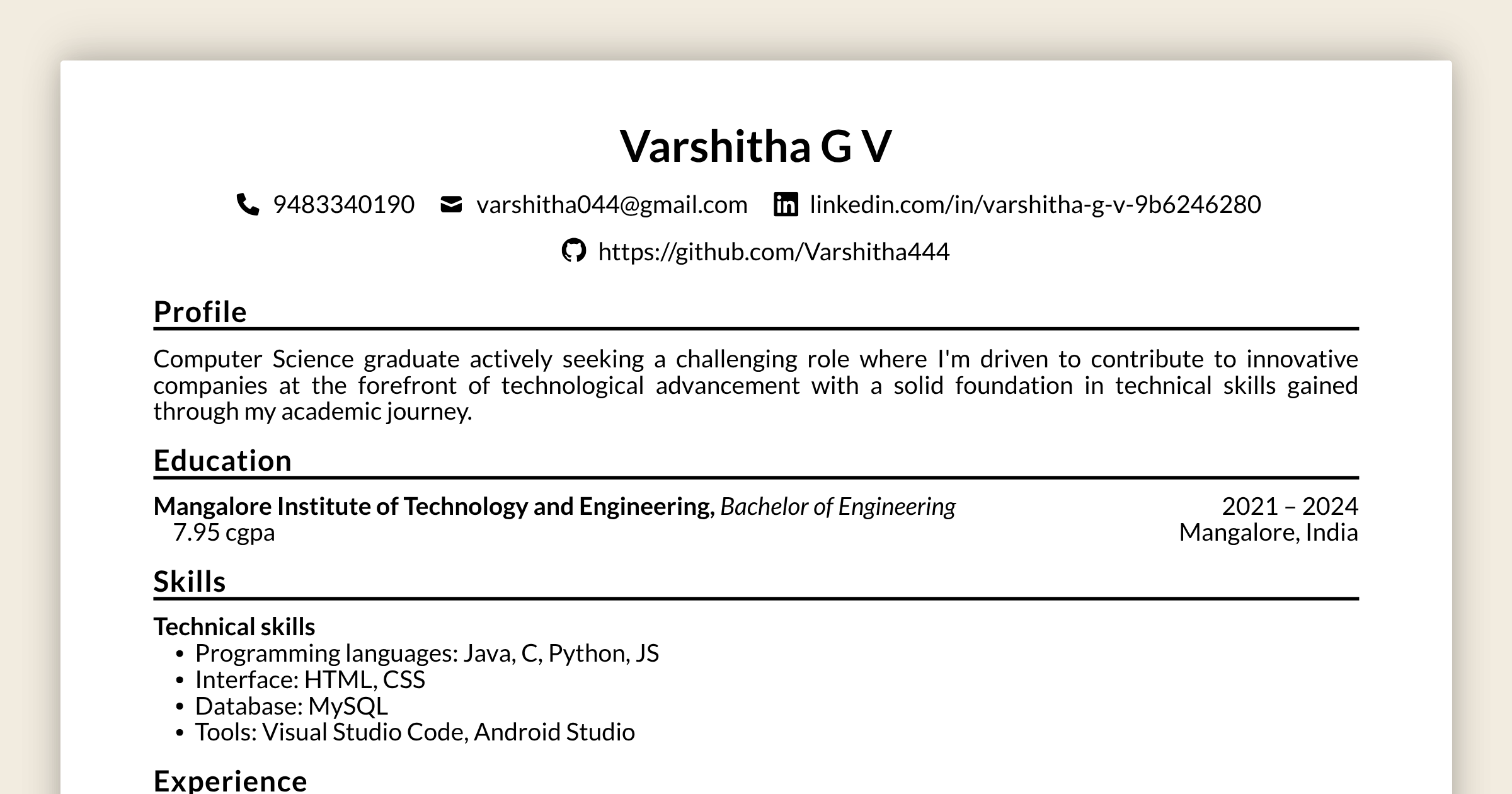 Varshitha G V – Online Resume