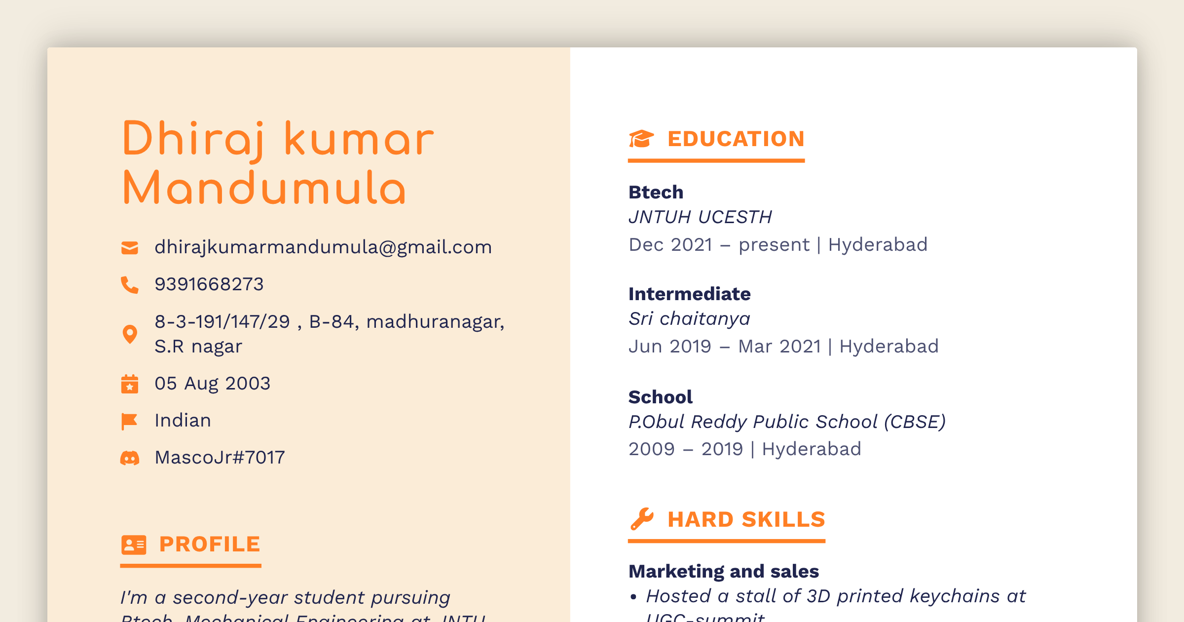 Dhiraj kumar Mandumula – Online Resume