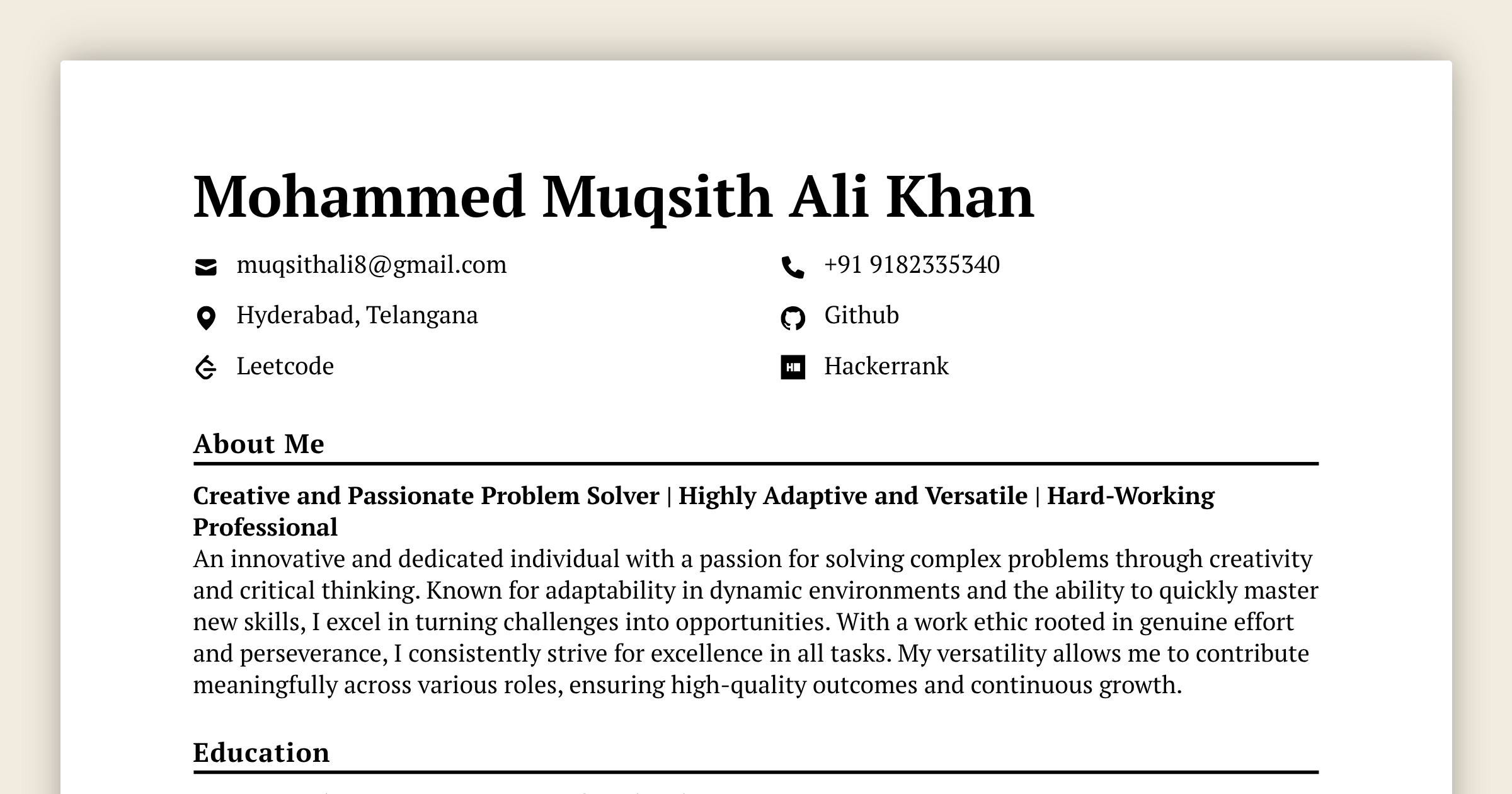 Mohammed Muqsith Ali Khan – Online Resume
