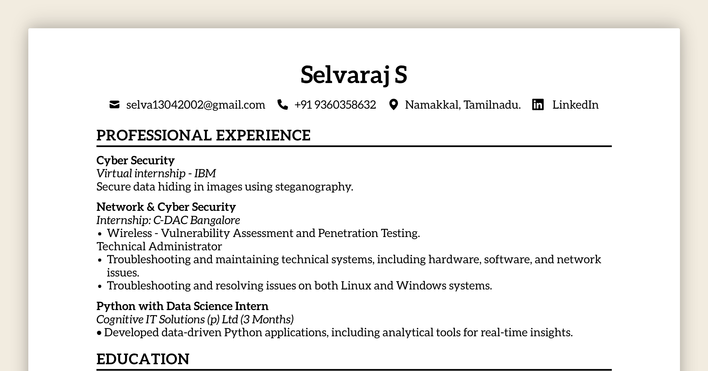 Selvaraj S – Online Resume