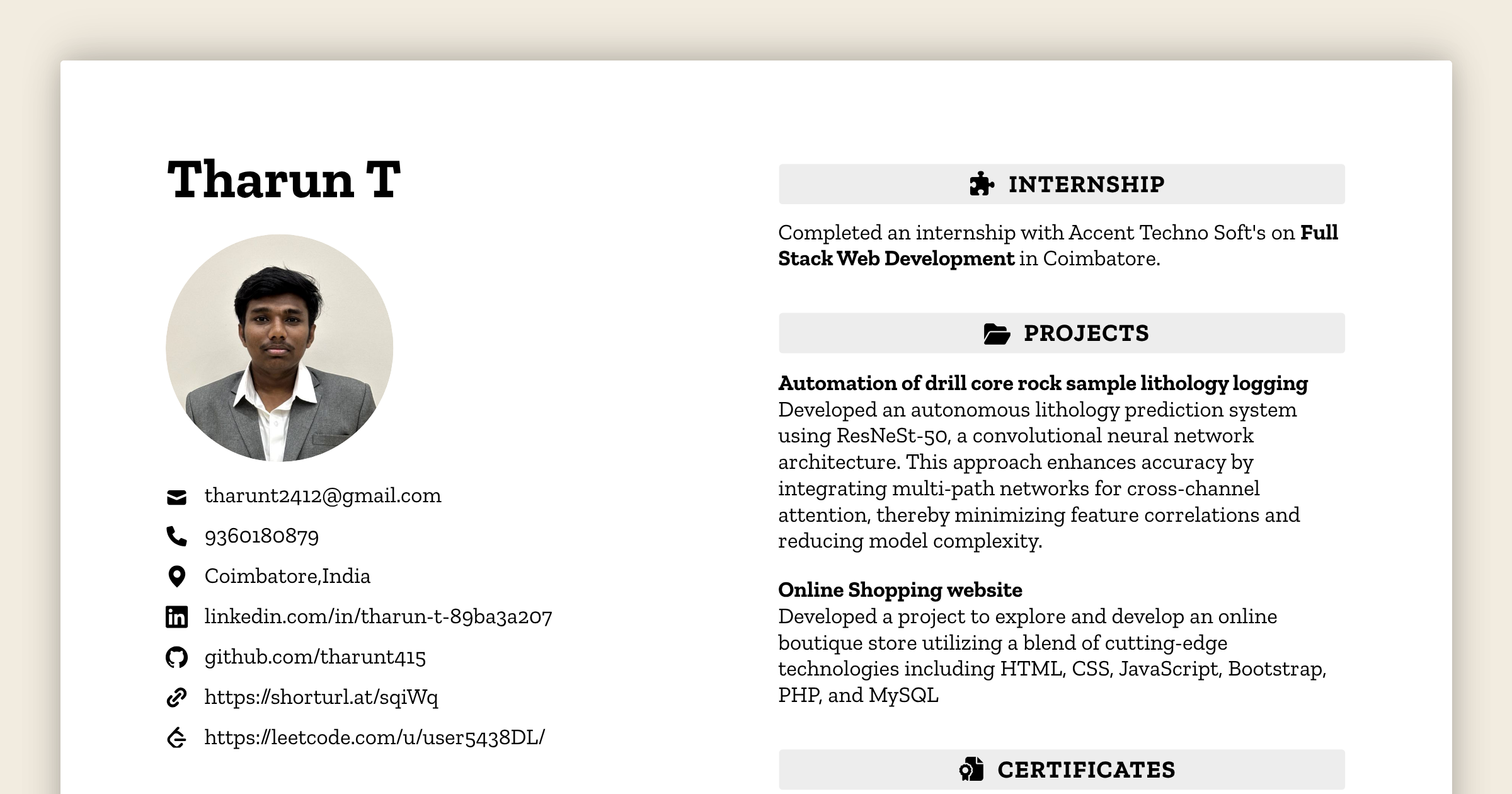 Tharun T – Online Resume