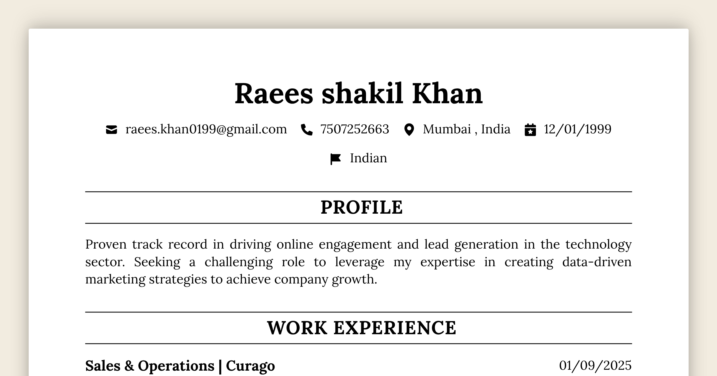 Raees shakil Khan – Online Resume