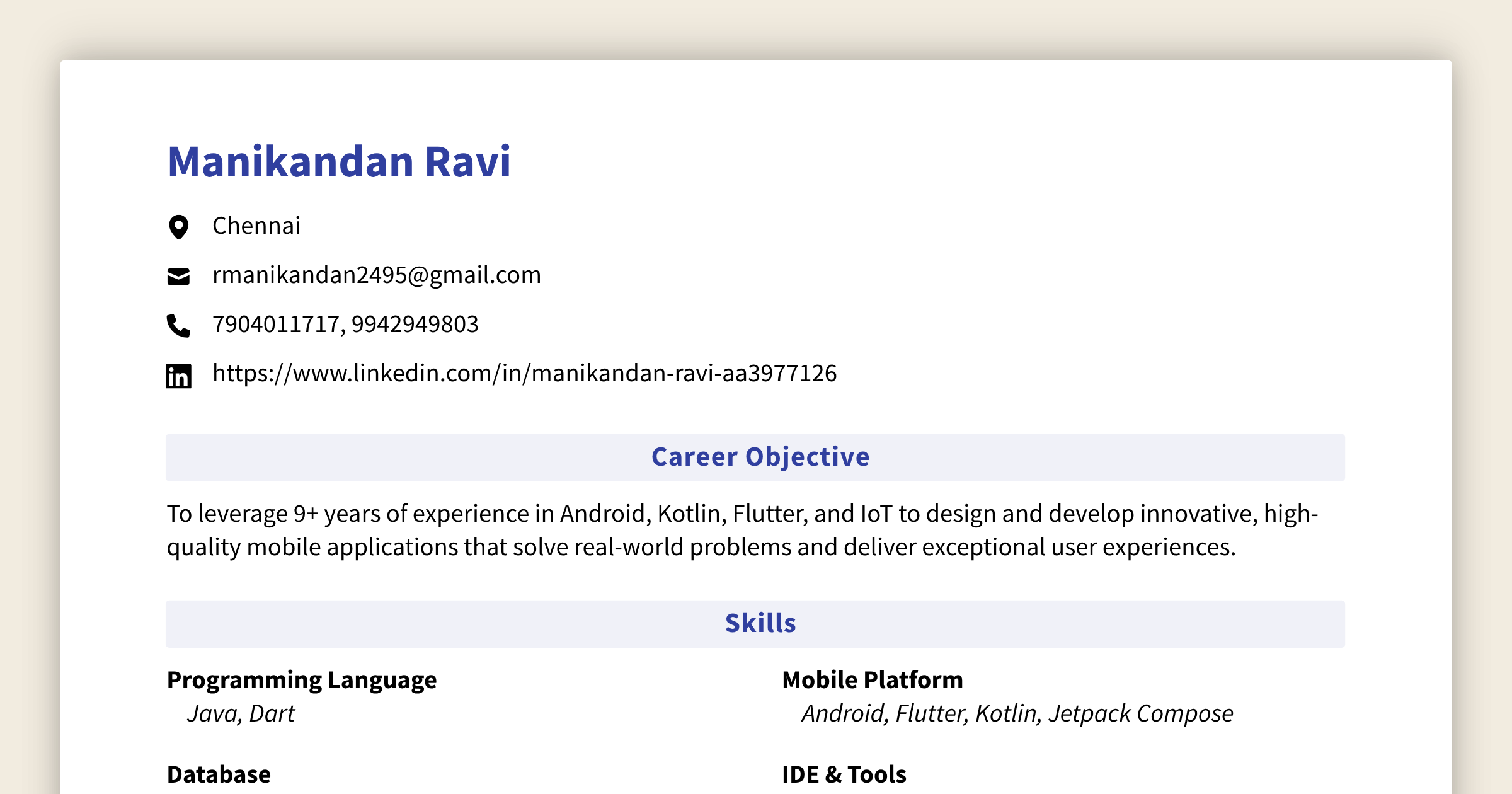 Manikandan Ravi – Online Resume