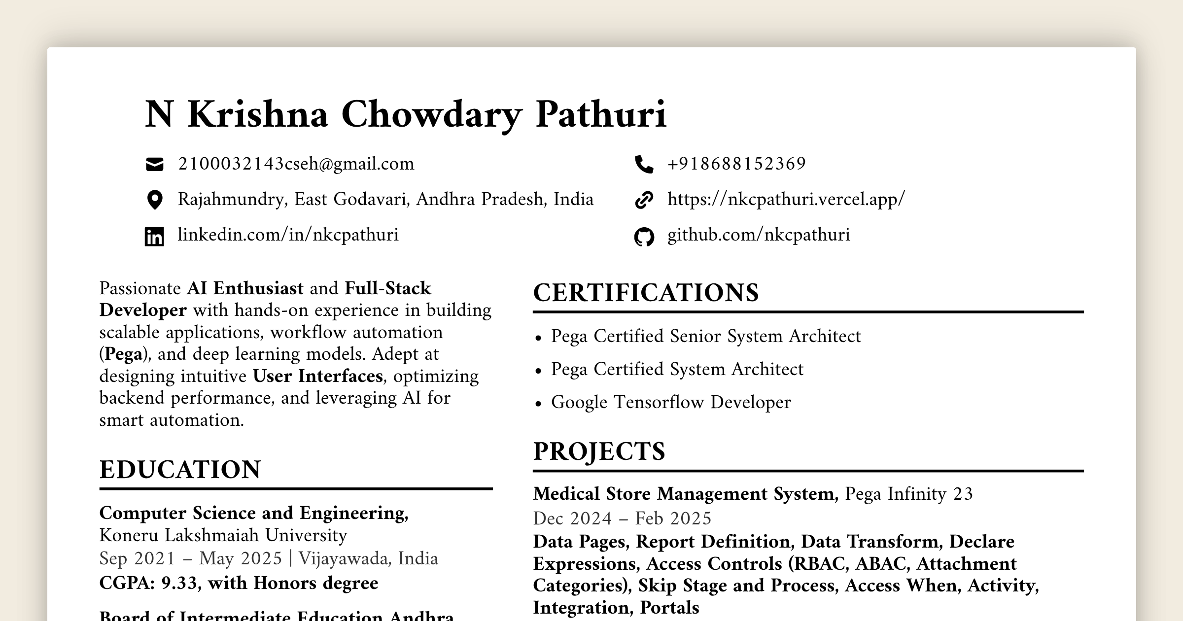 N Krishna Chowdary Pathuri – Online Resume