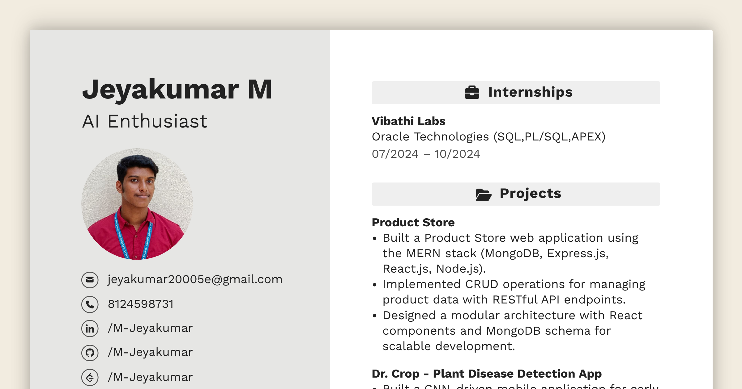 Jeyakumar M – Online Resume