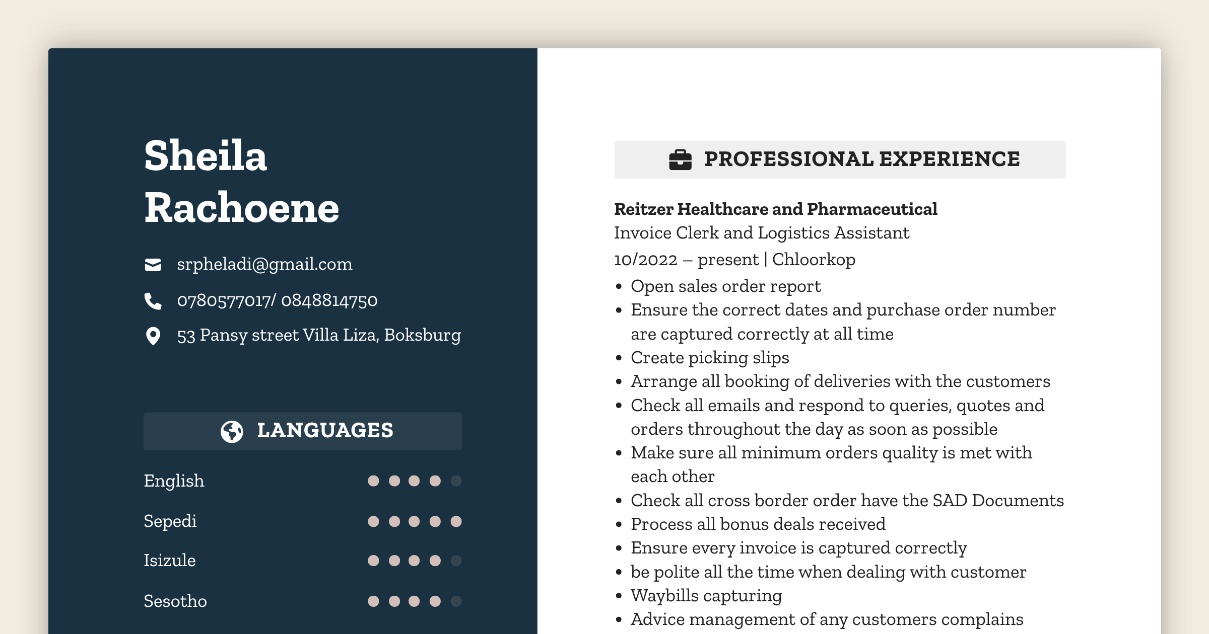Sheila Rachoene – Online Resume