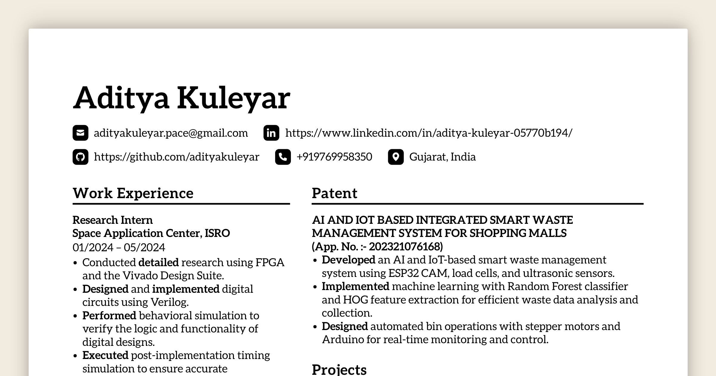 Aditya Kuleyar – Online Resume