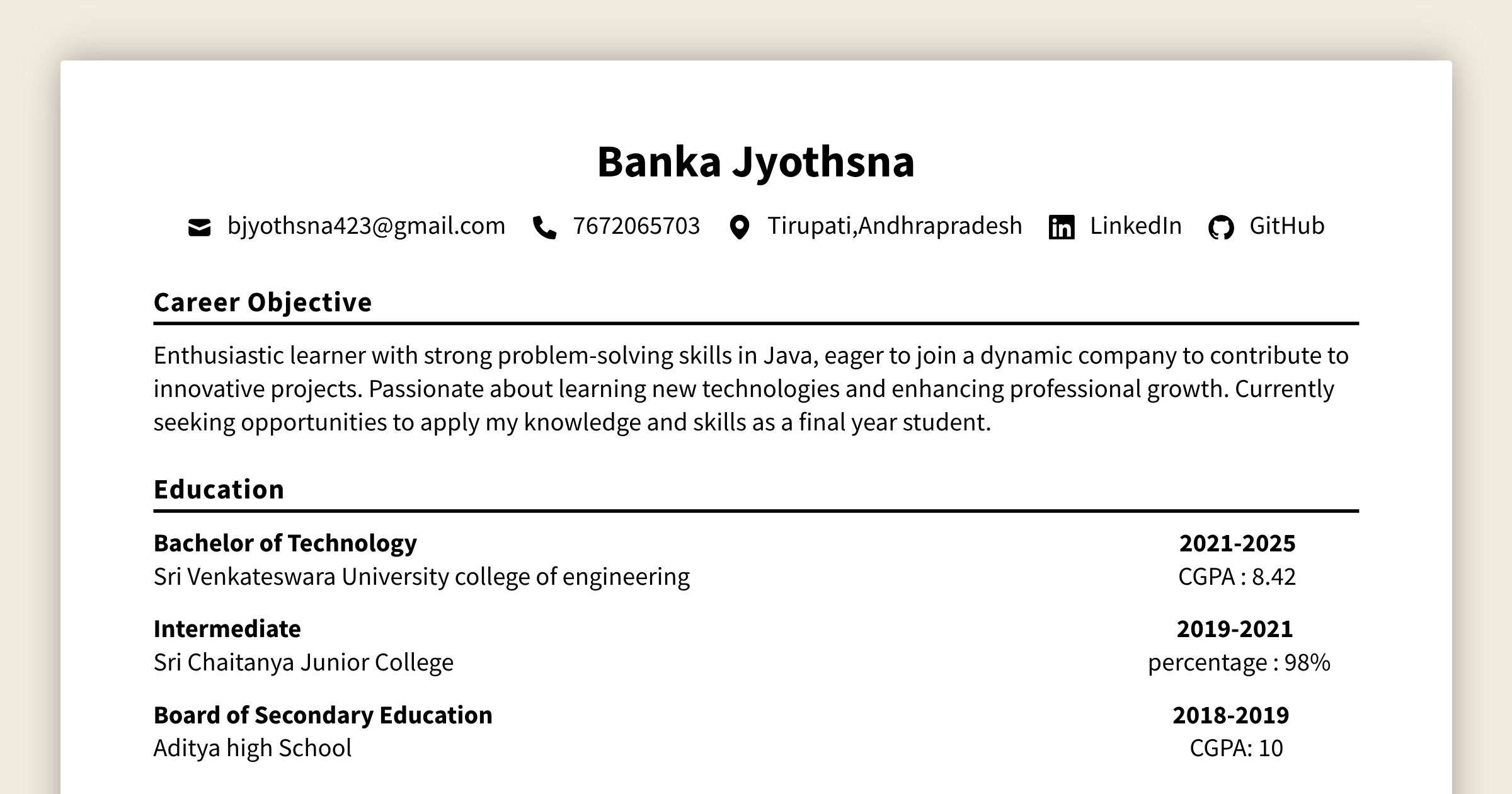 Banka Jyothsna – Online Resume