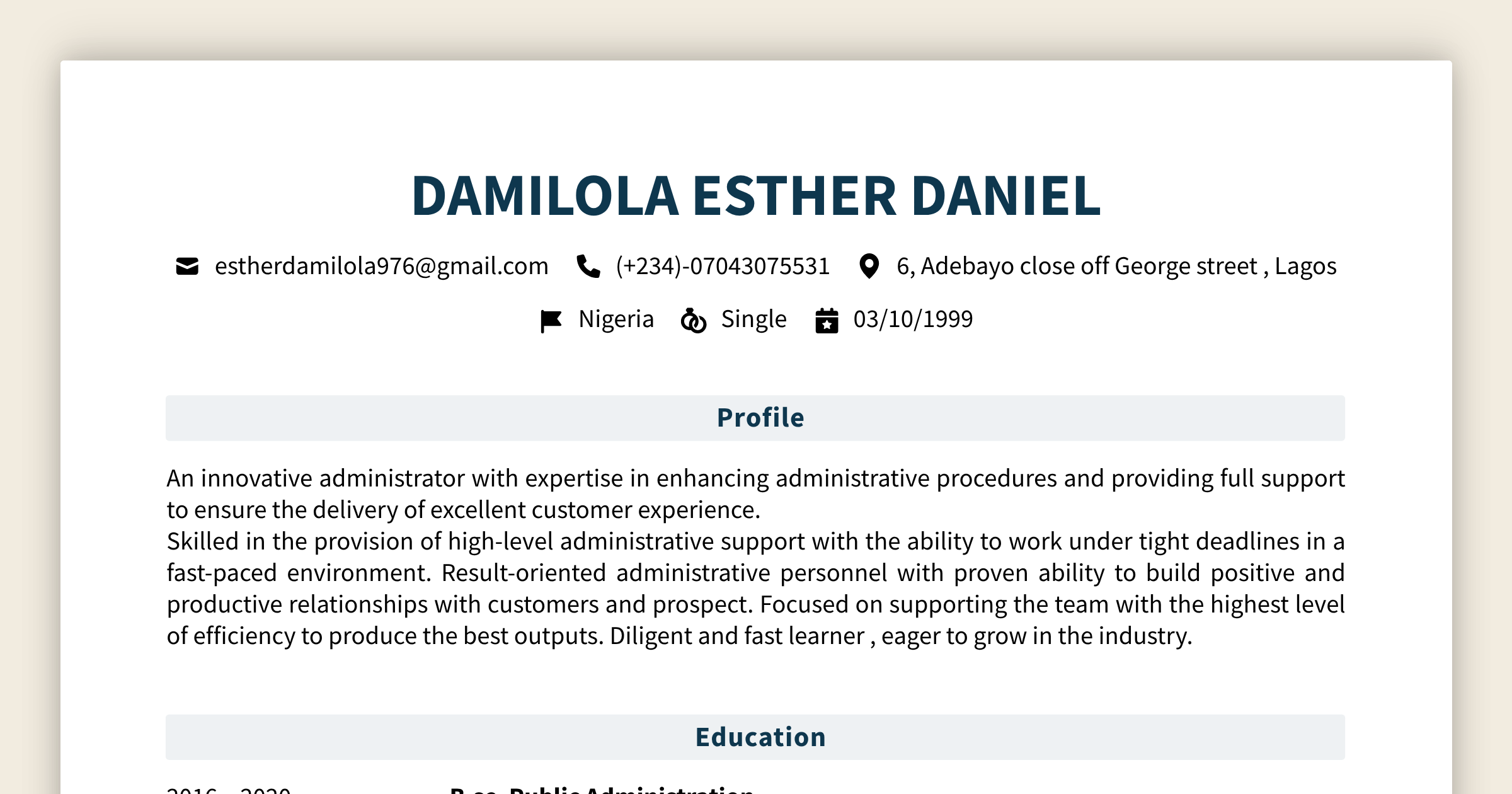 DAMILOLA ESTHER DANIEL – Online Resume