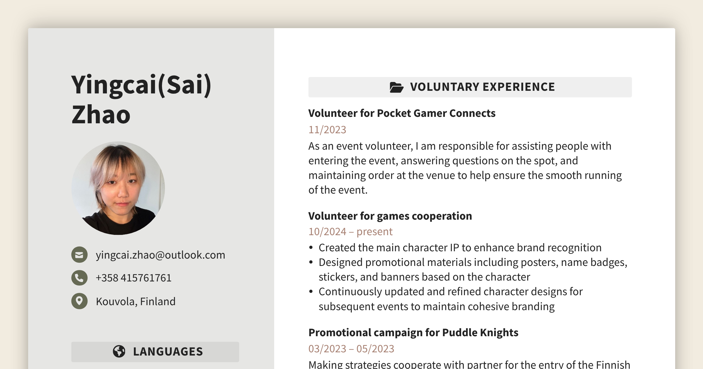 Yingcai(Sai) Zhao – Online Resume