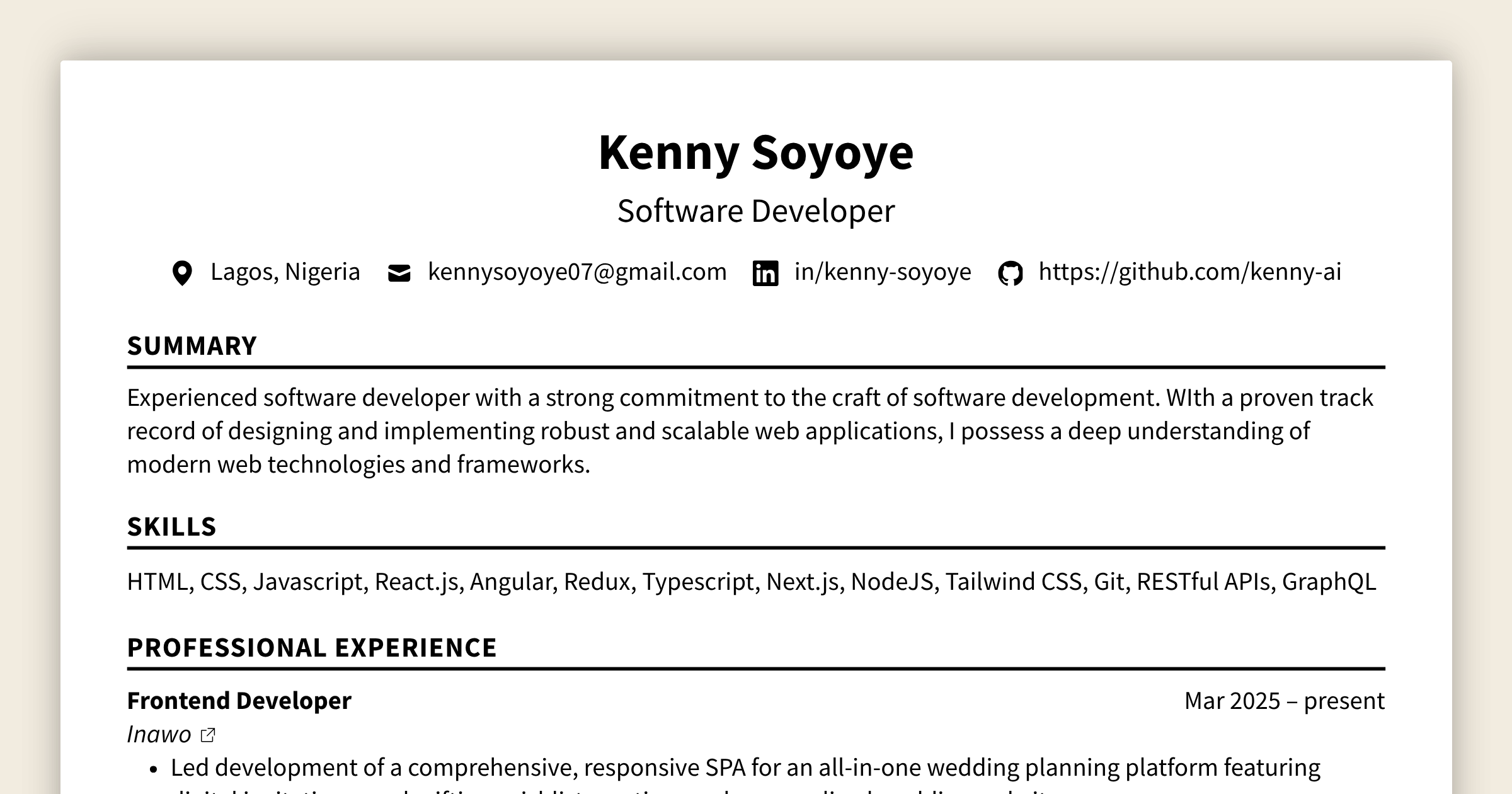 Kenny Soyoye – Online Resume