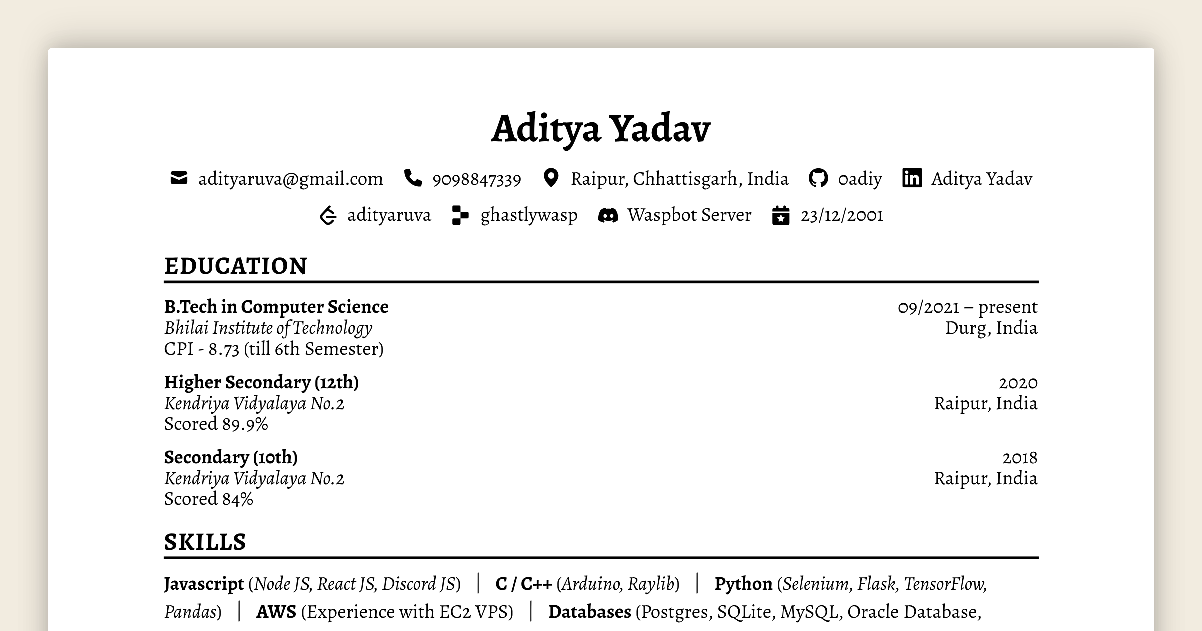 Aditya Yadav – Online Resume