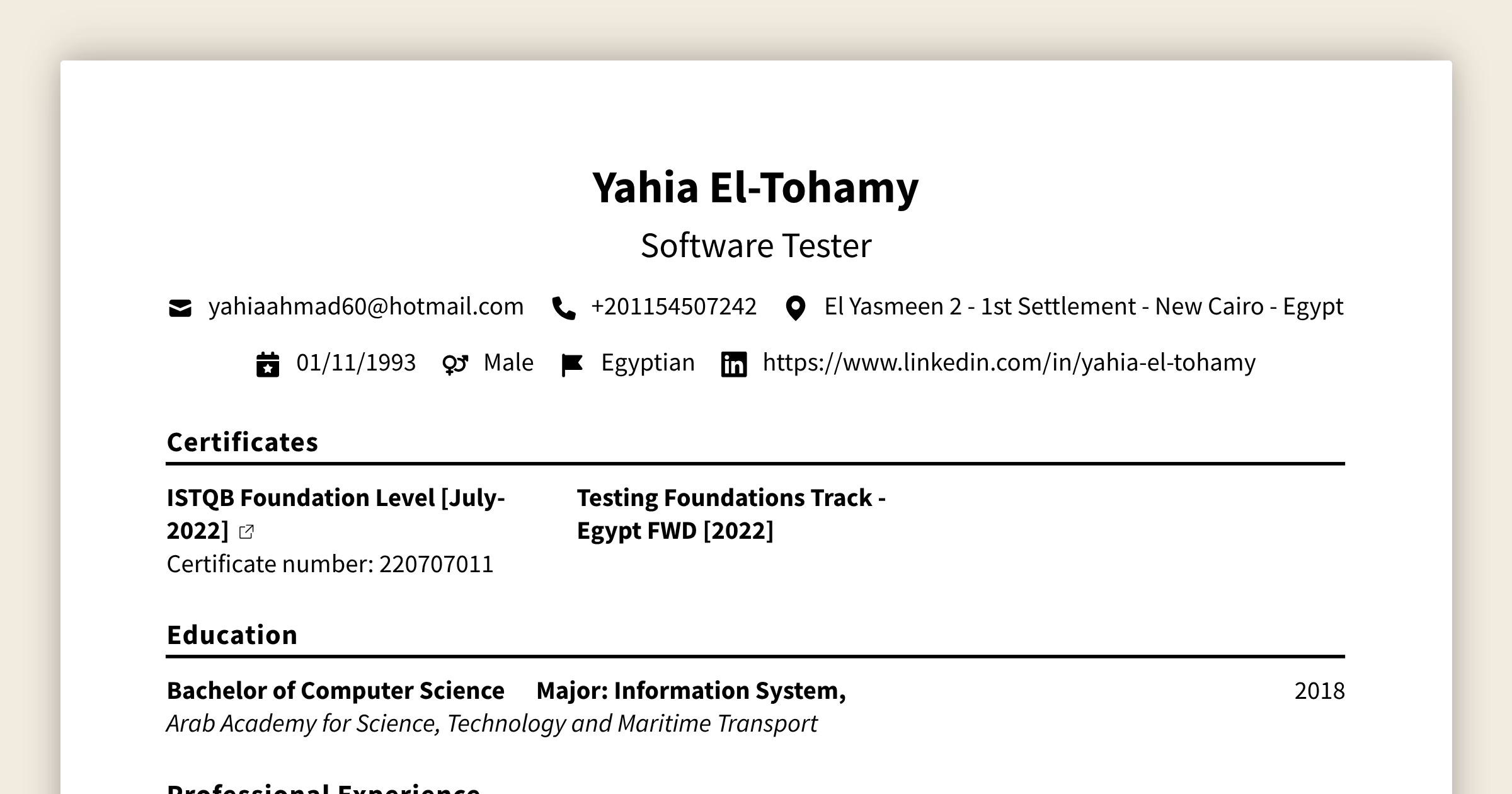 Yahia El-Tohamy – Online Resume
