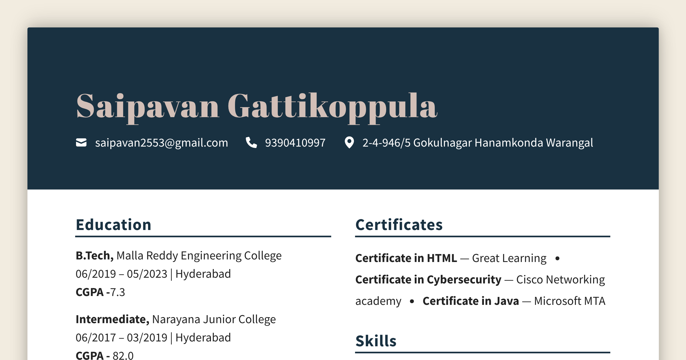 Saipavan Gattikoppula – Online Resume