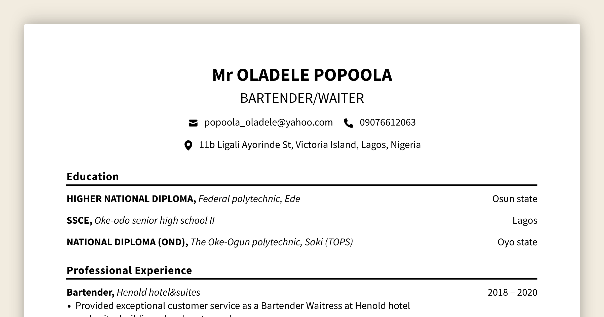 Mr OLADELE POPOOLA – Online Resume