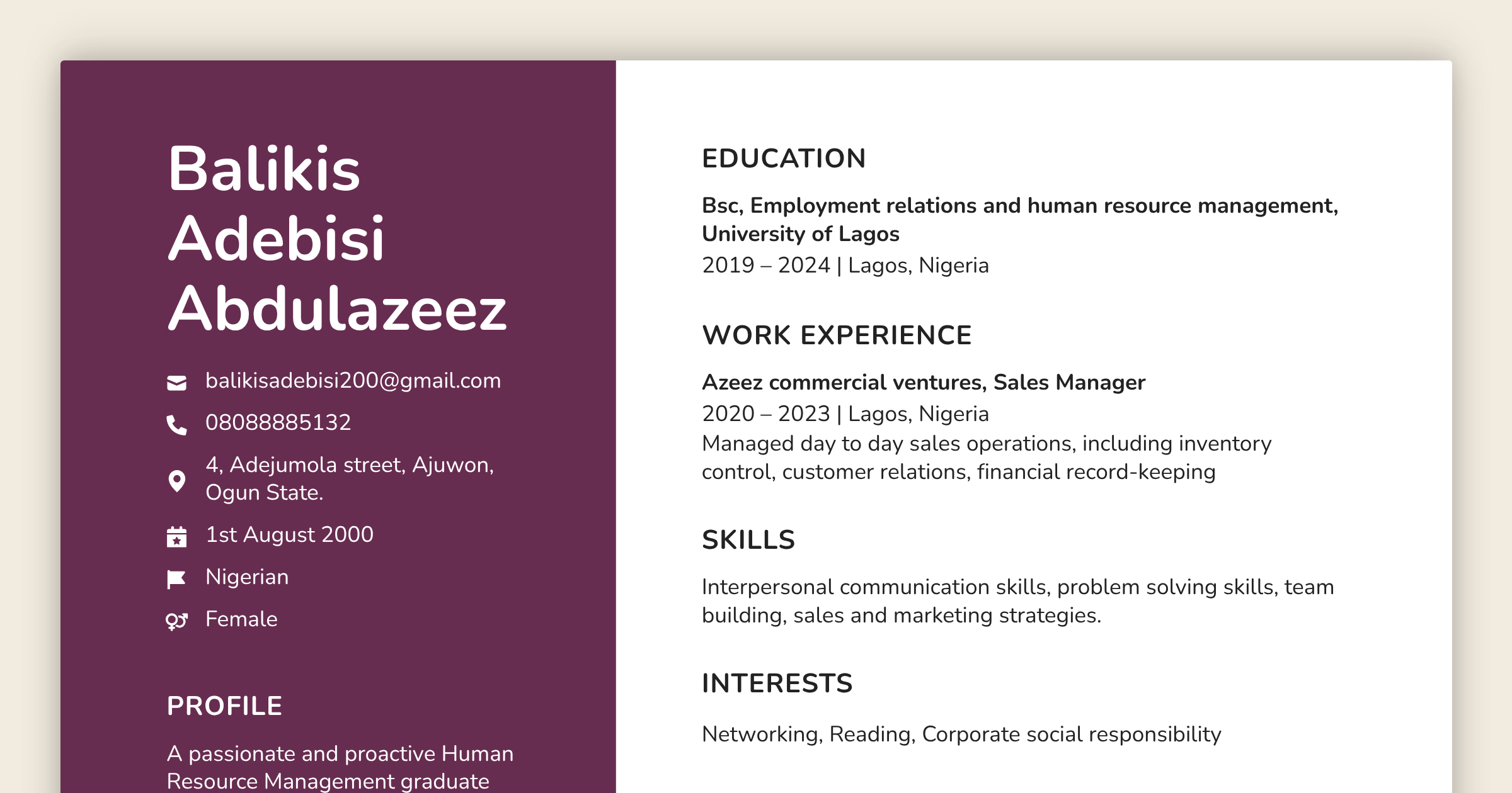 Balikis Adebisi Abdulazeez – Online Resume