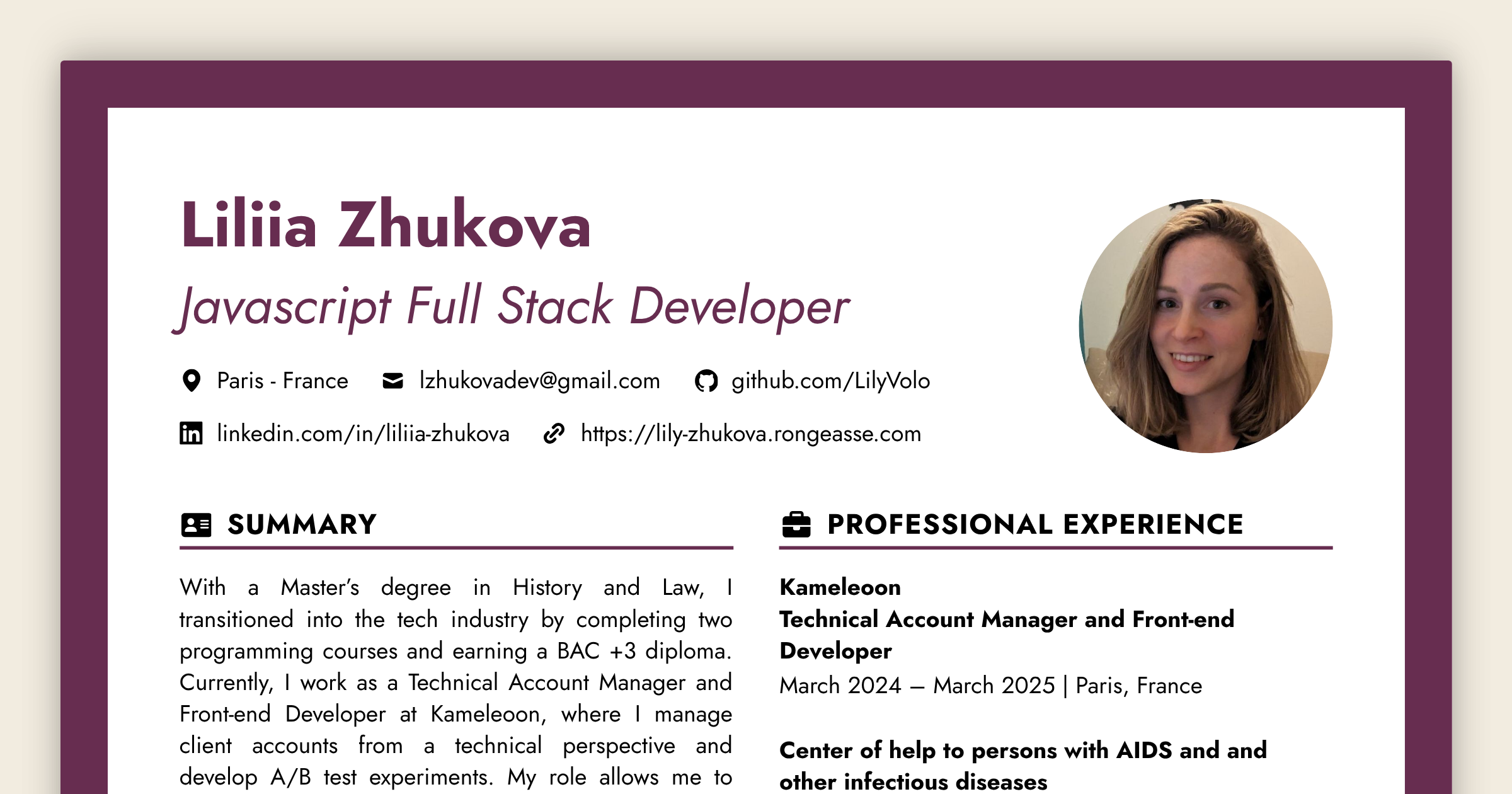Liliia Zhukova – Online Resume