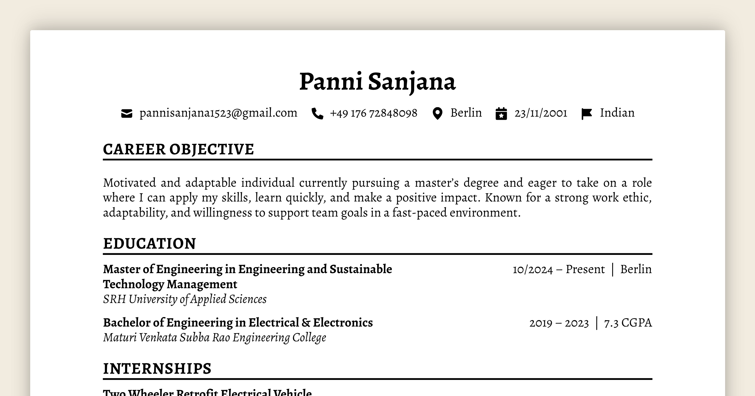 Panni Sanjana – Online Resume