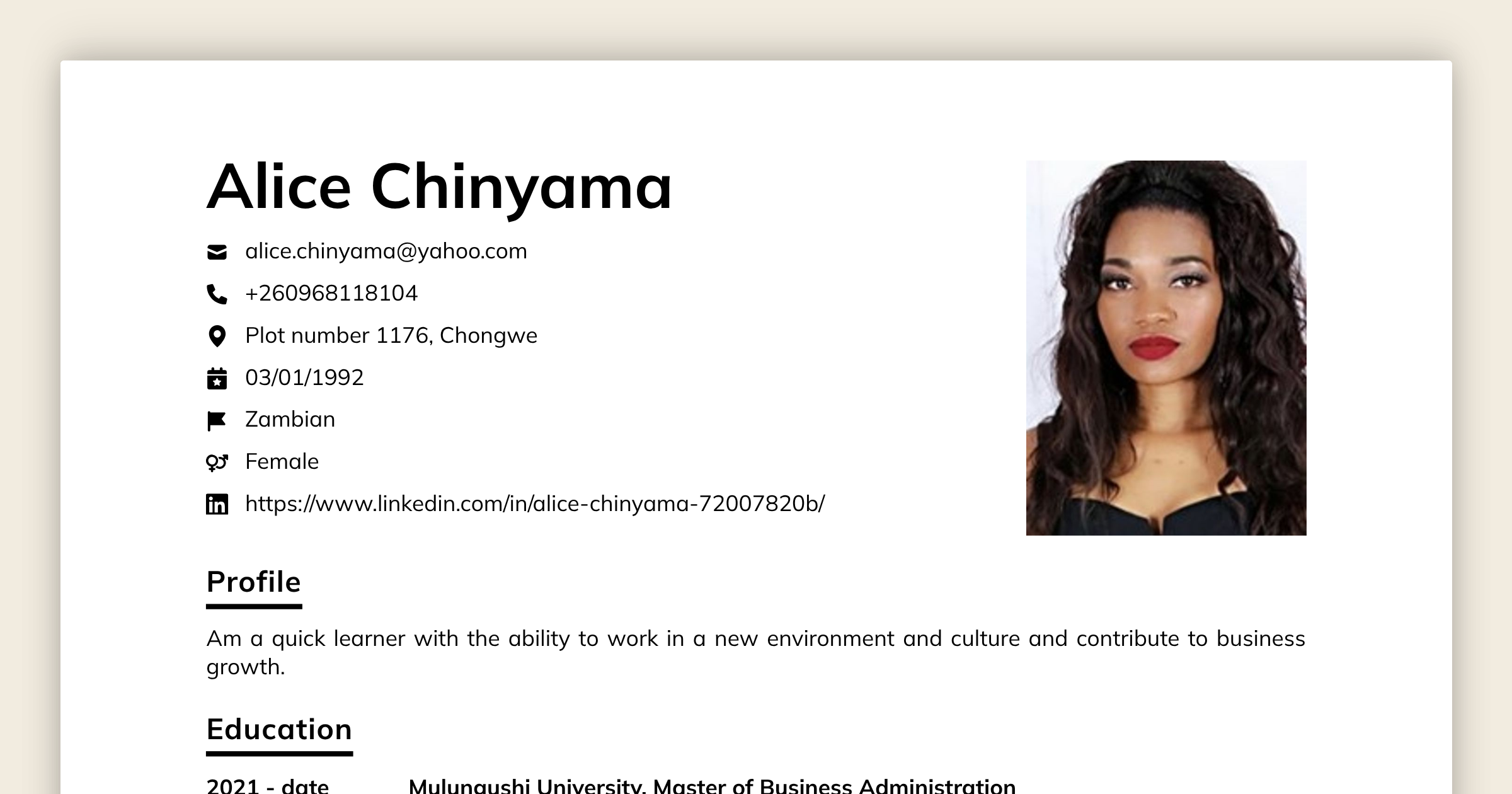 Alice Chinyama – Online Resume