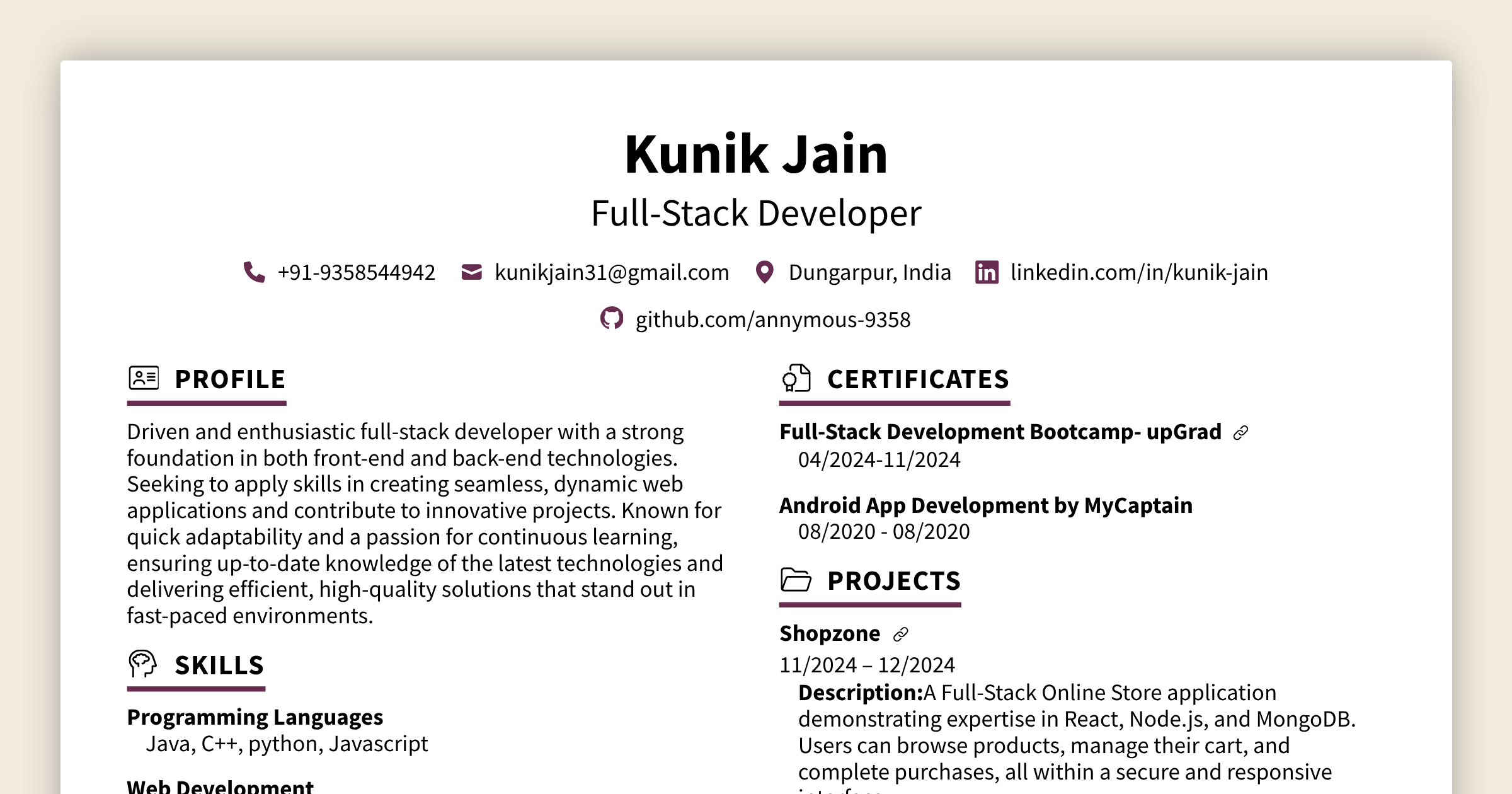 Kunik Jain – Online Resume