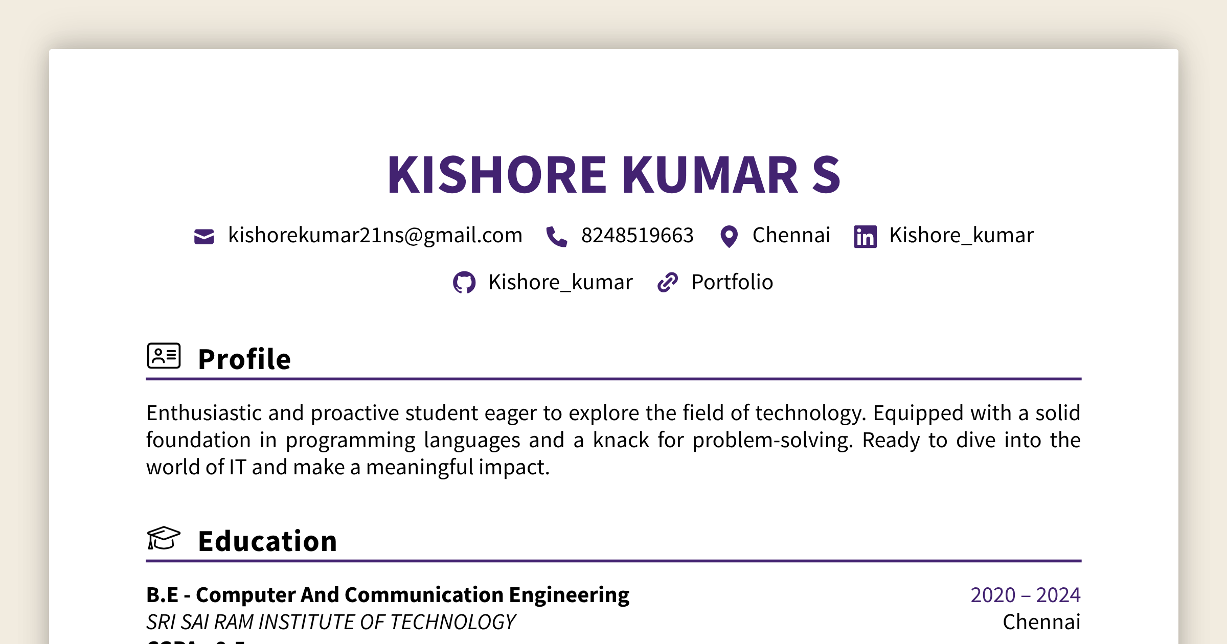 KISHORE KUMAR S – Online Resume