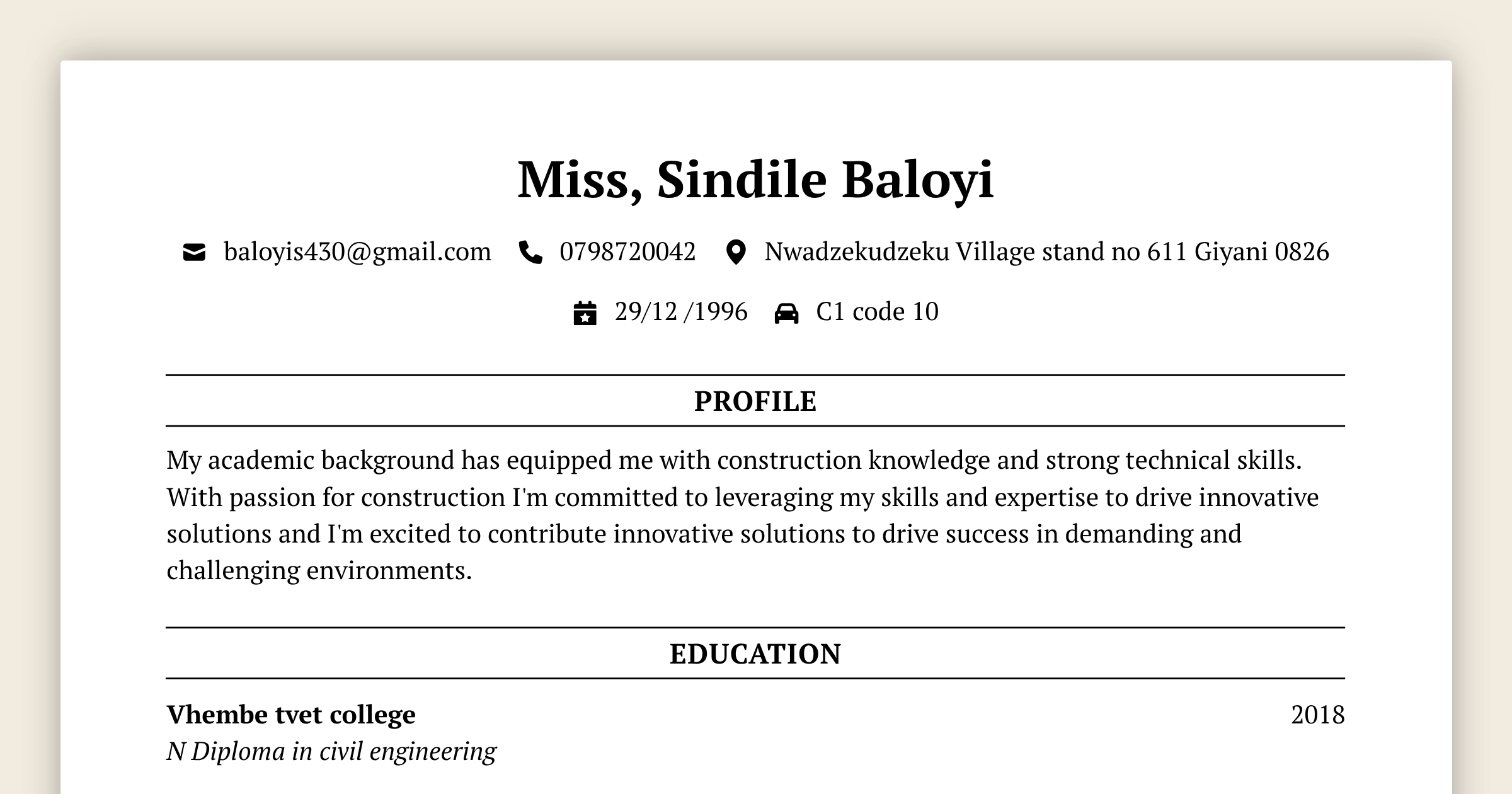 Miss, sindile Baloyi – Online Resume