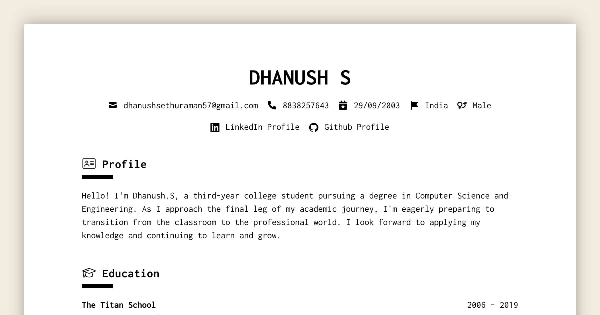 DHANUSH S – Online Resume