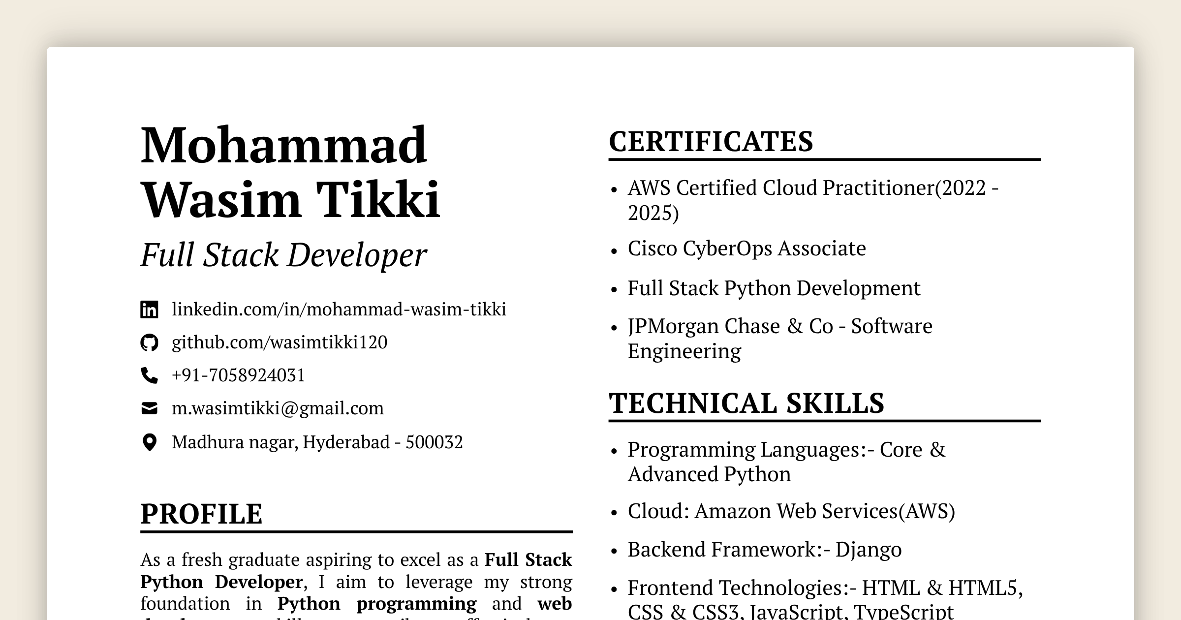 Mohammad Wasim Tikki – Online Resume