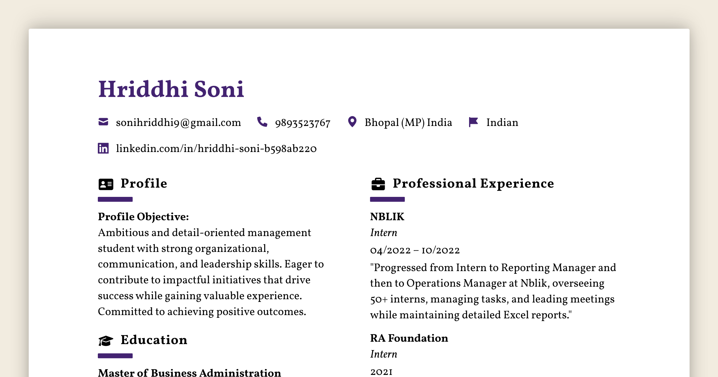 Hriddhi Soni – Online Resume