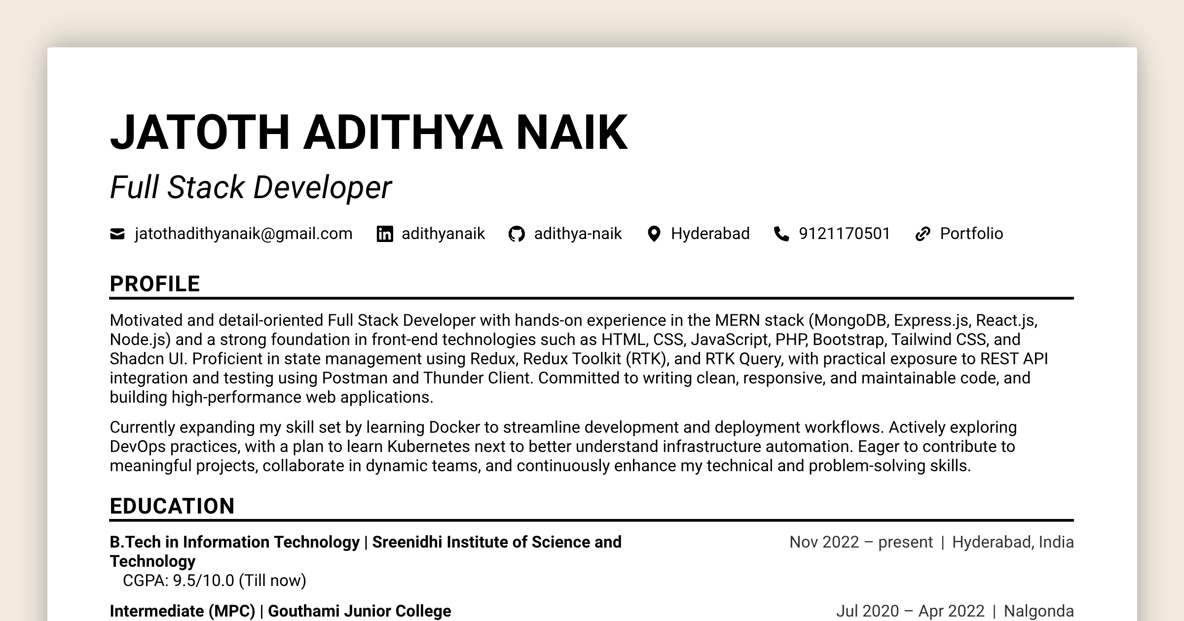 JATOTH ADITHYA NAIK – Online Resume