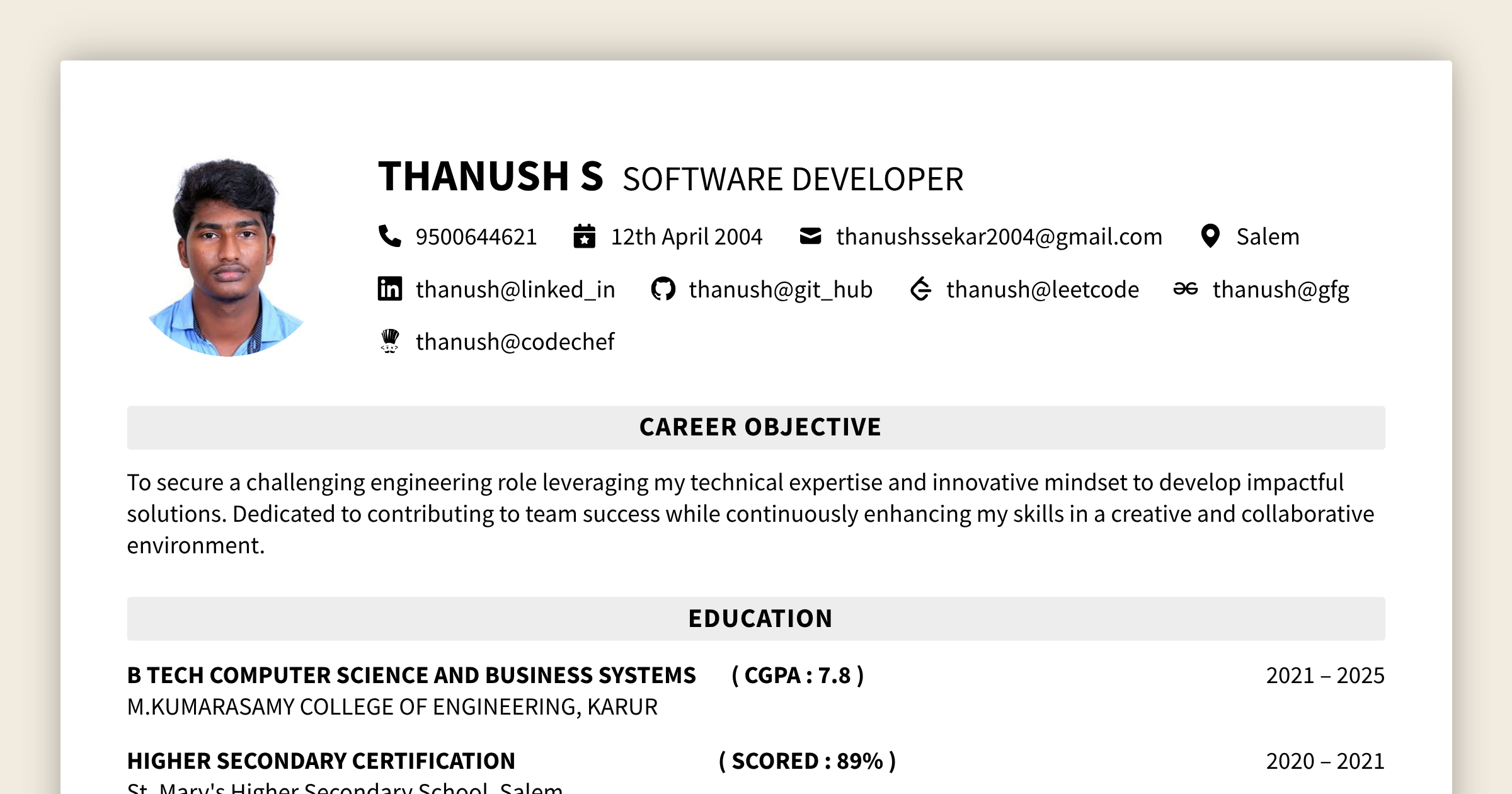 THANUSH S – Online Resume