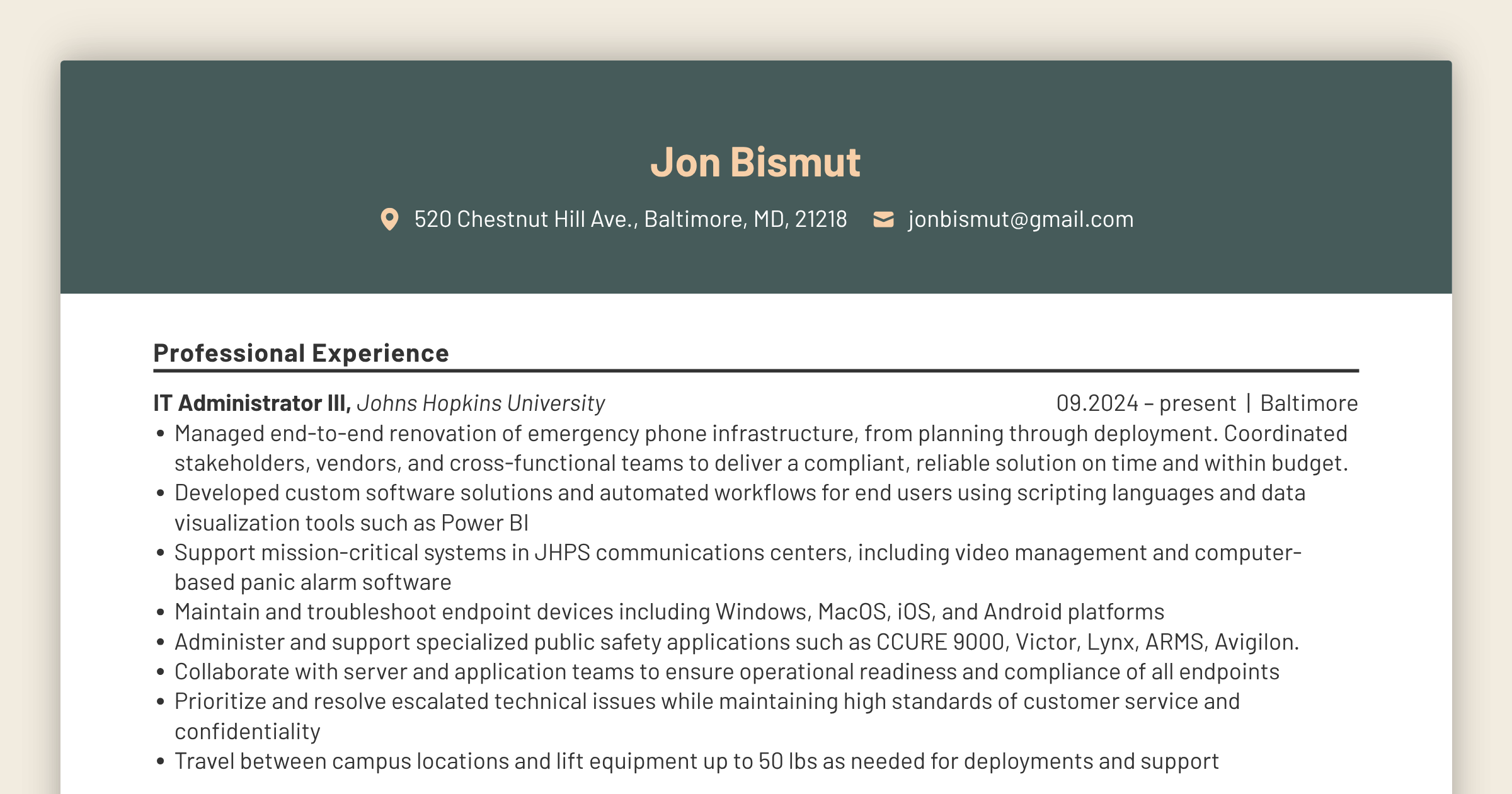Jon Bismut – Online Resume