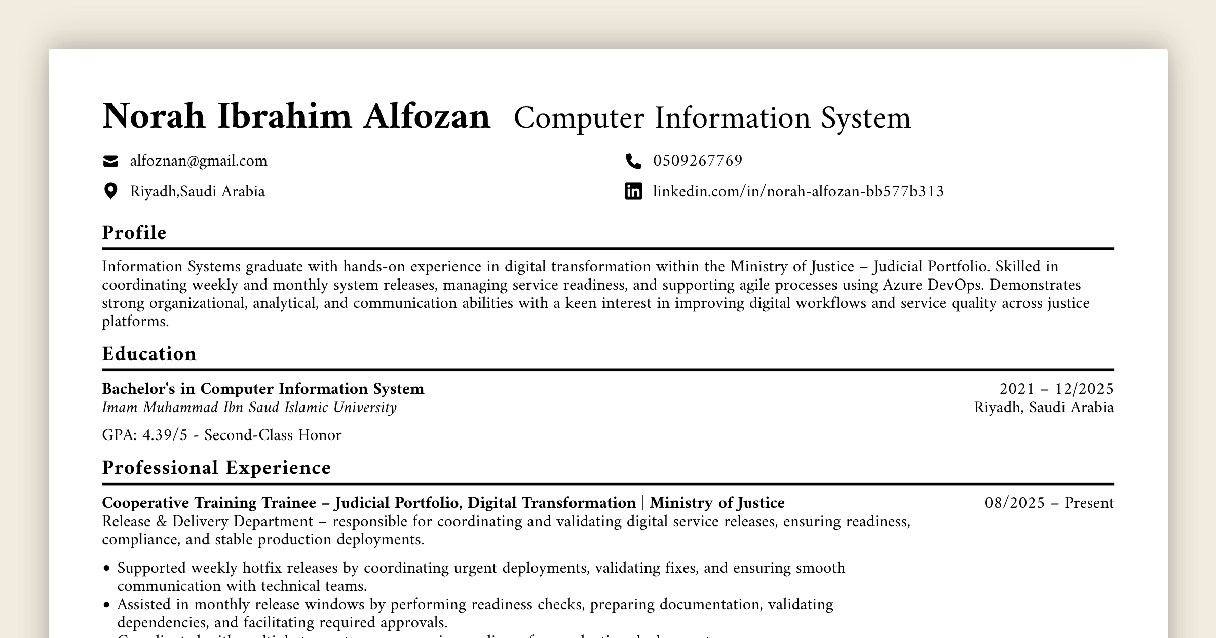 Norah Ibrahim Alfozan – Online Resume