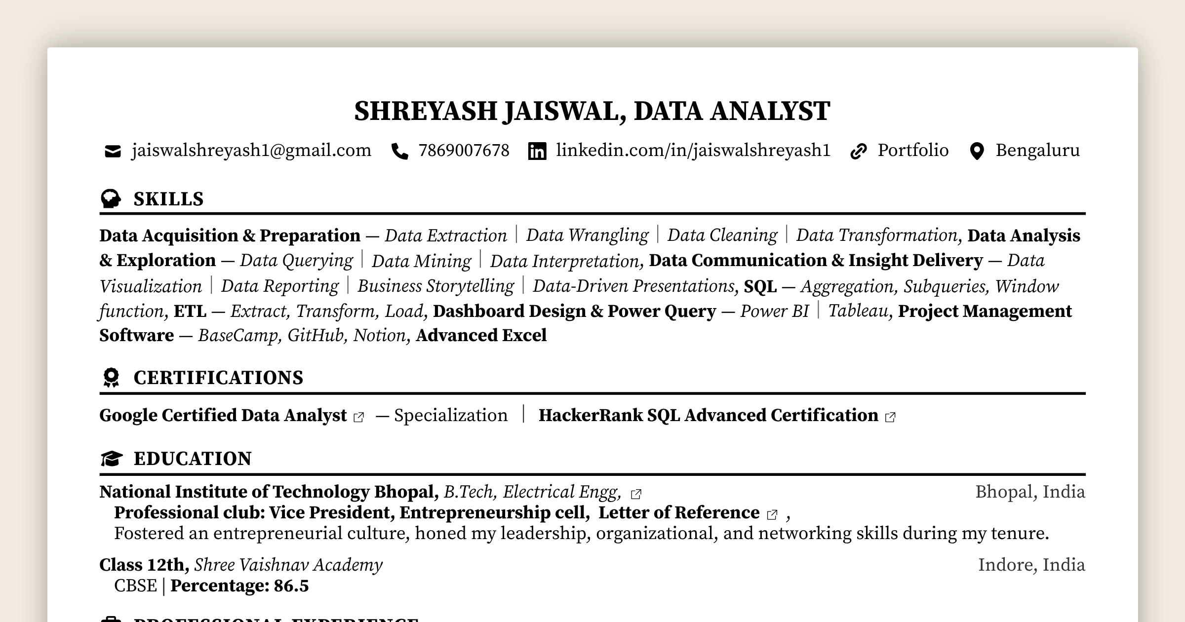 SHREYASH JAISWAL, DATA ANALYST – Online Resume