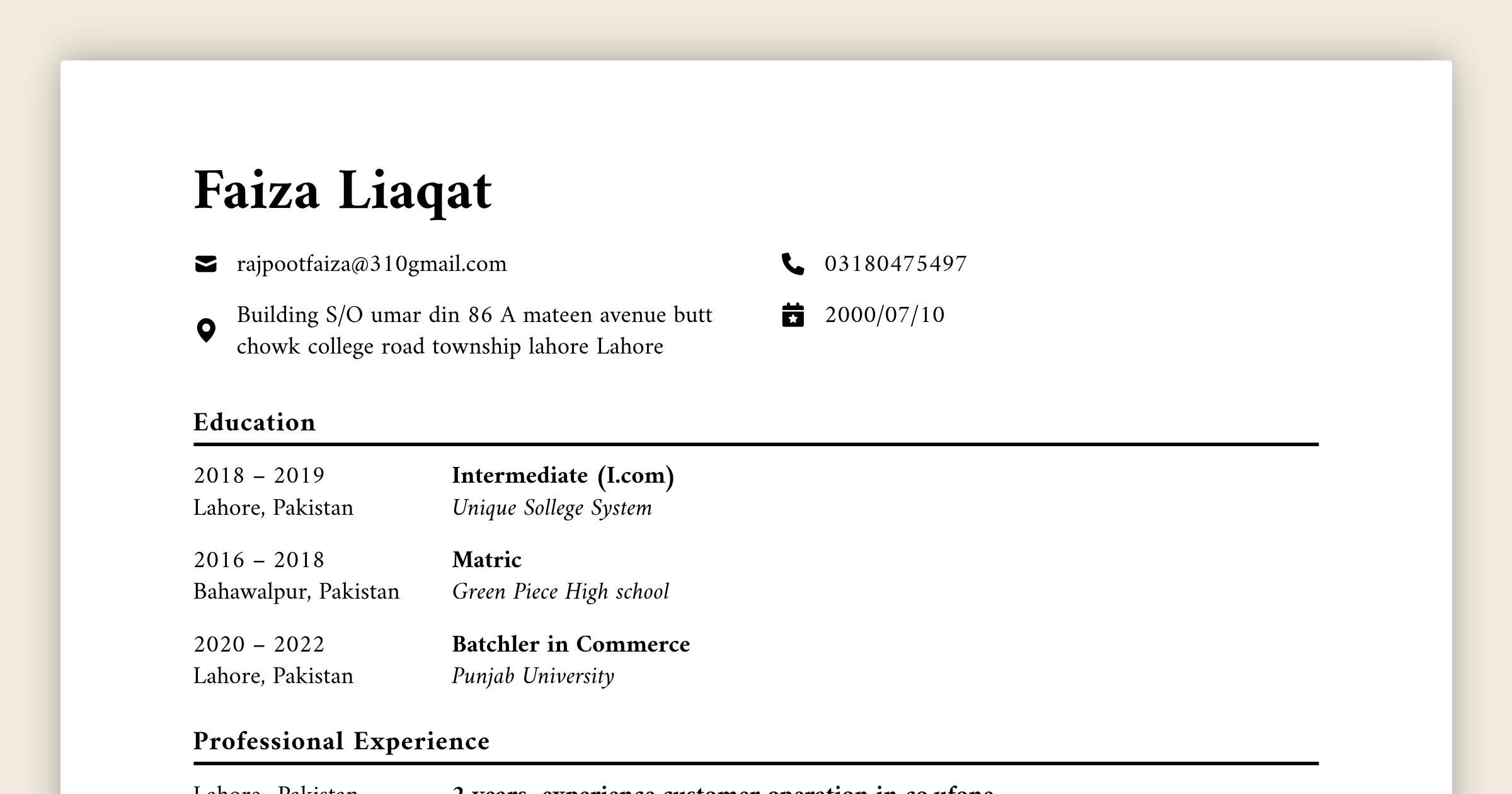 Faiza Liaqat – Online Resume