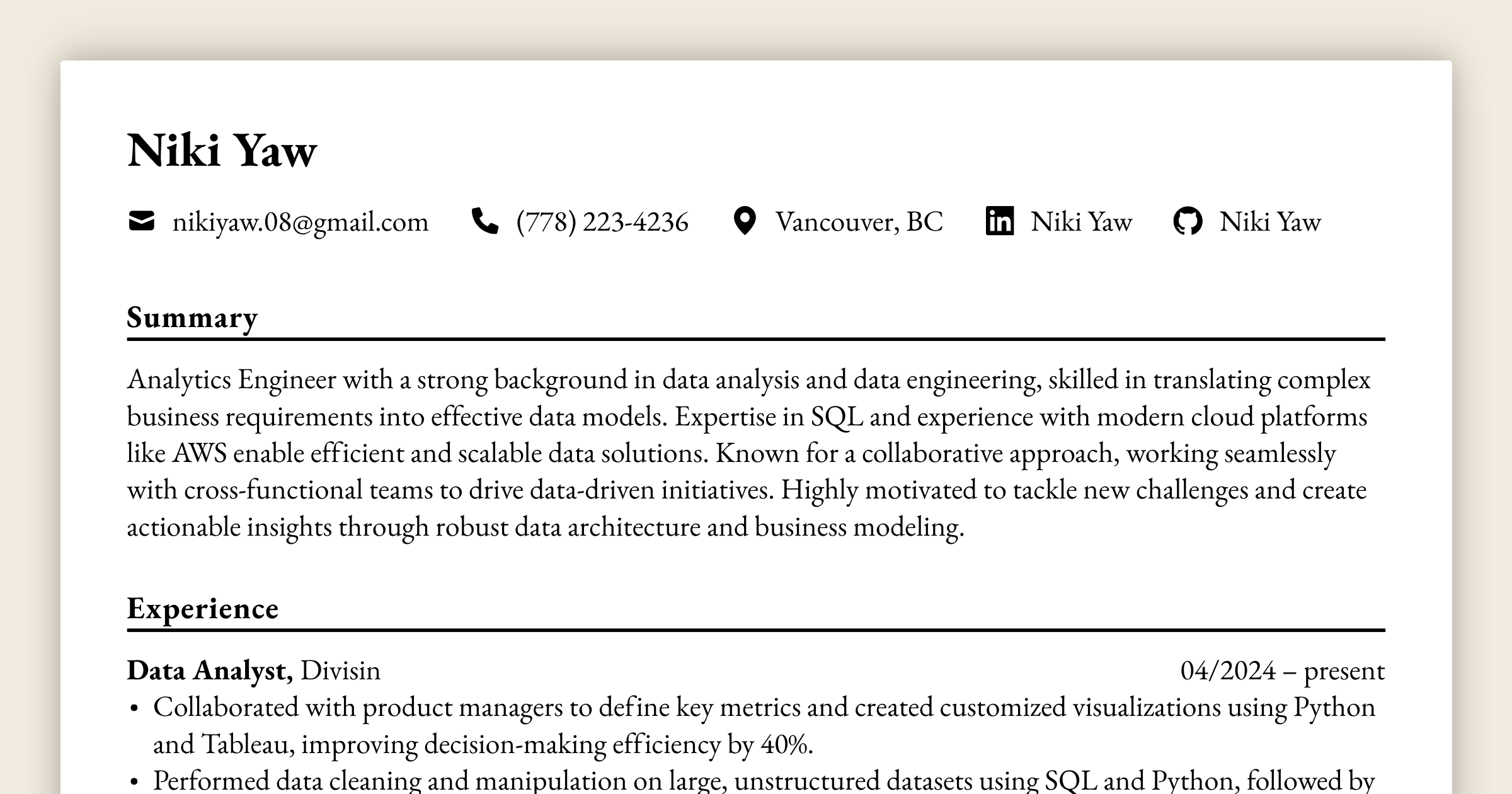 Niki Yaw – Online Resume