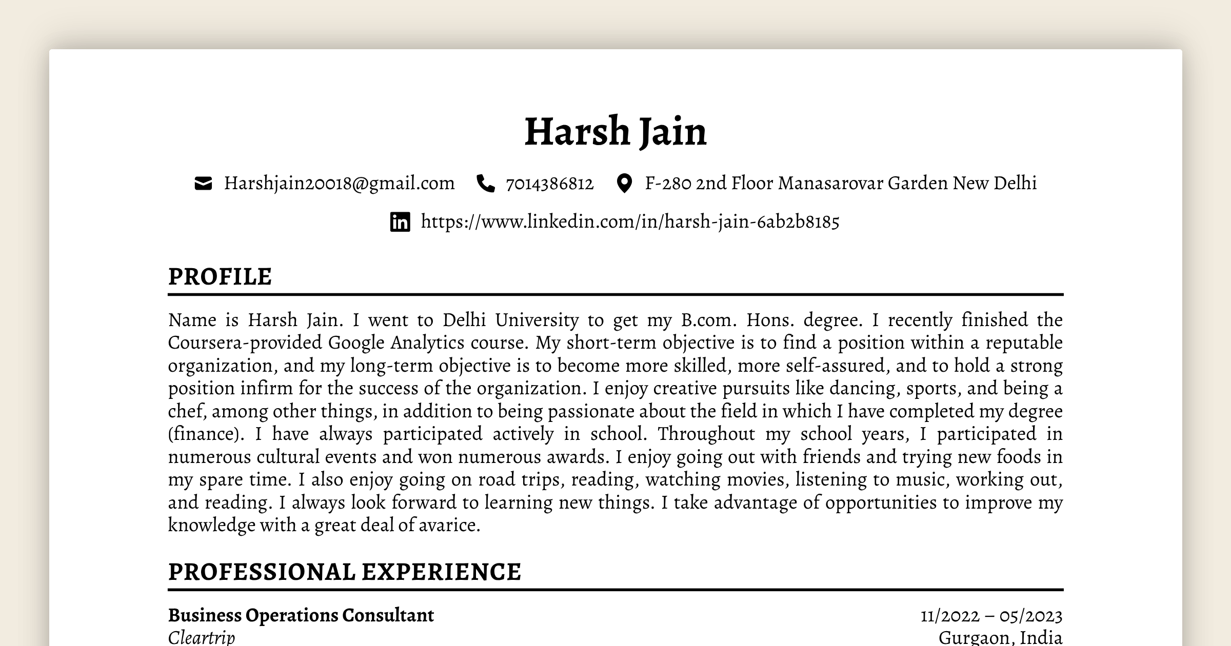 Harsh Jain – Online Resume
