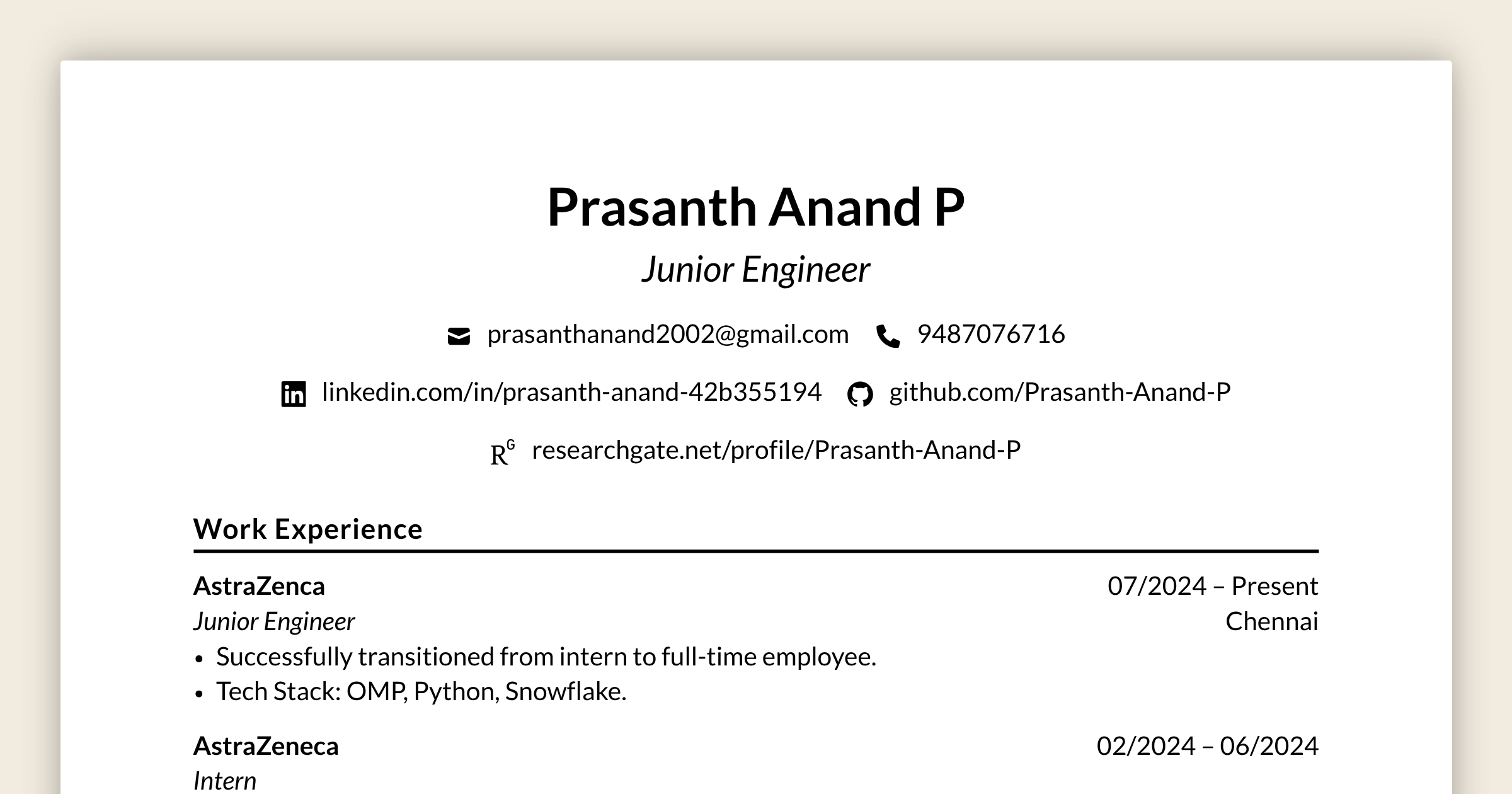 Prasanth Anand P – Online Resume